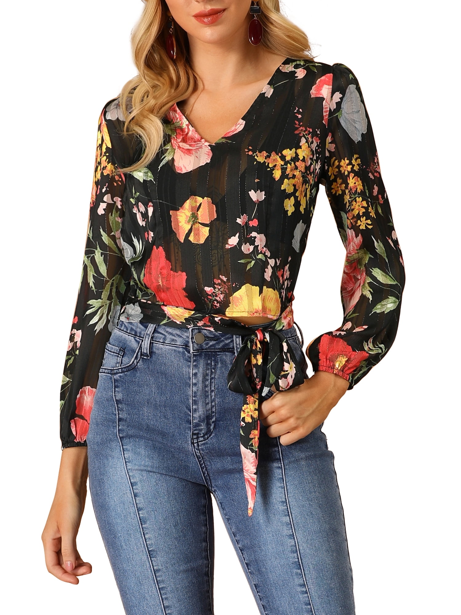 Allegra K Women's Floral Print Crop Tops Semi Sheer Long Sleeves Tie ...