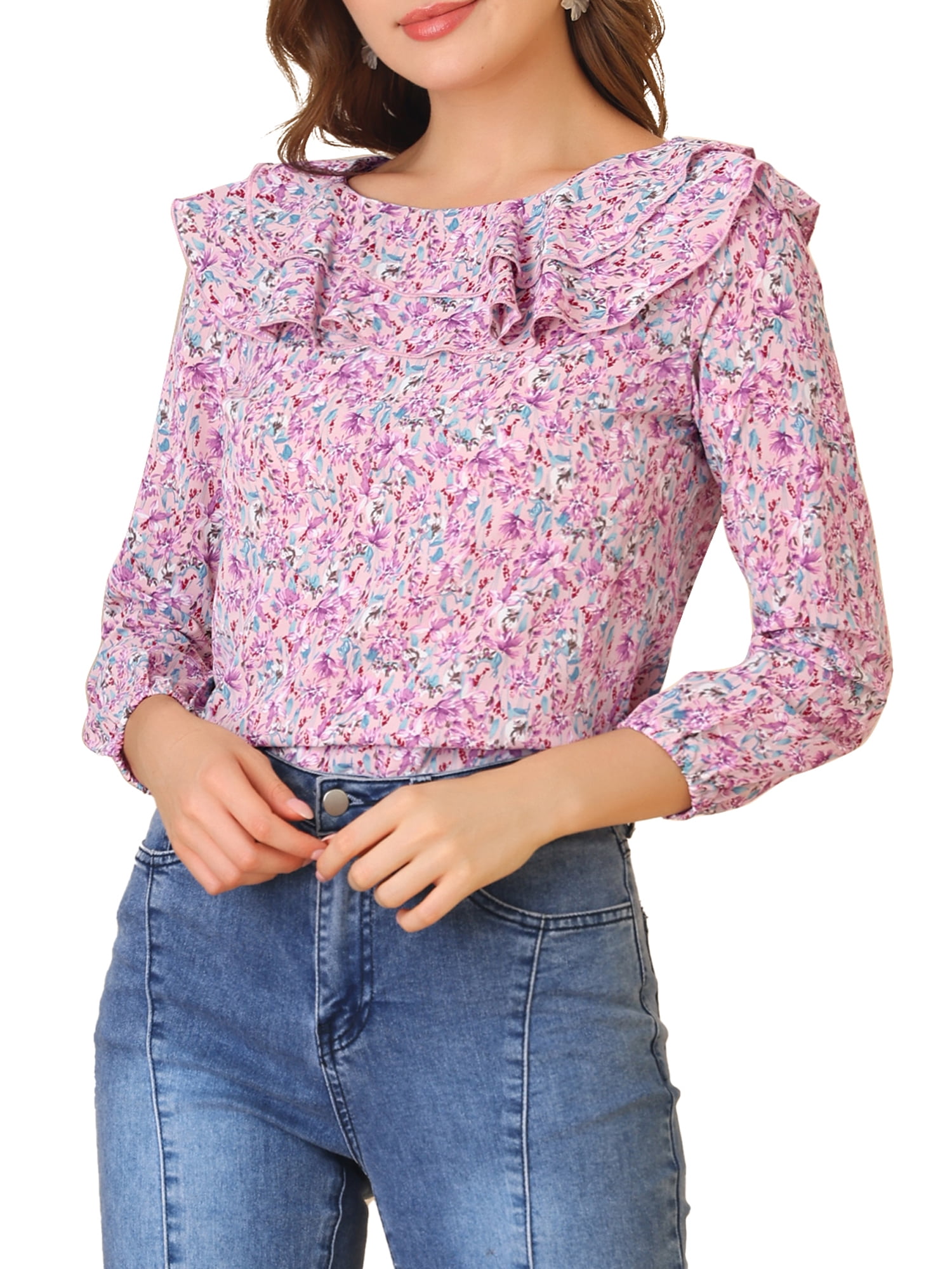 Allegra K Women's Floral Print Double Layer Ruffle Neck Puff Long ...