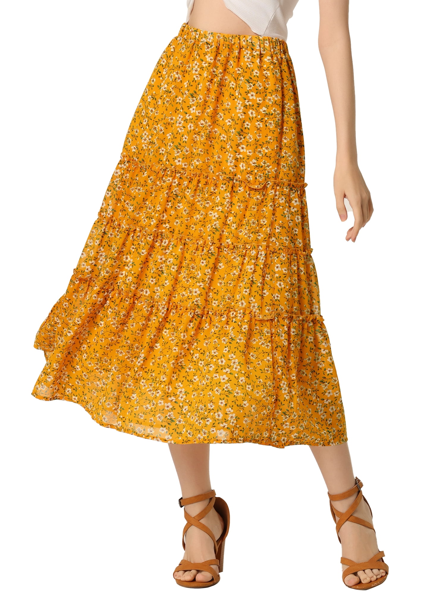 Allegra K Women's Floral Print Elastic Waist Ruffle Maxi Tiered Skirt M ...