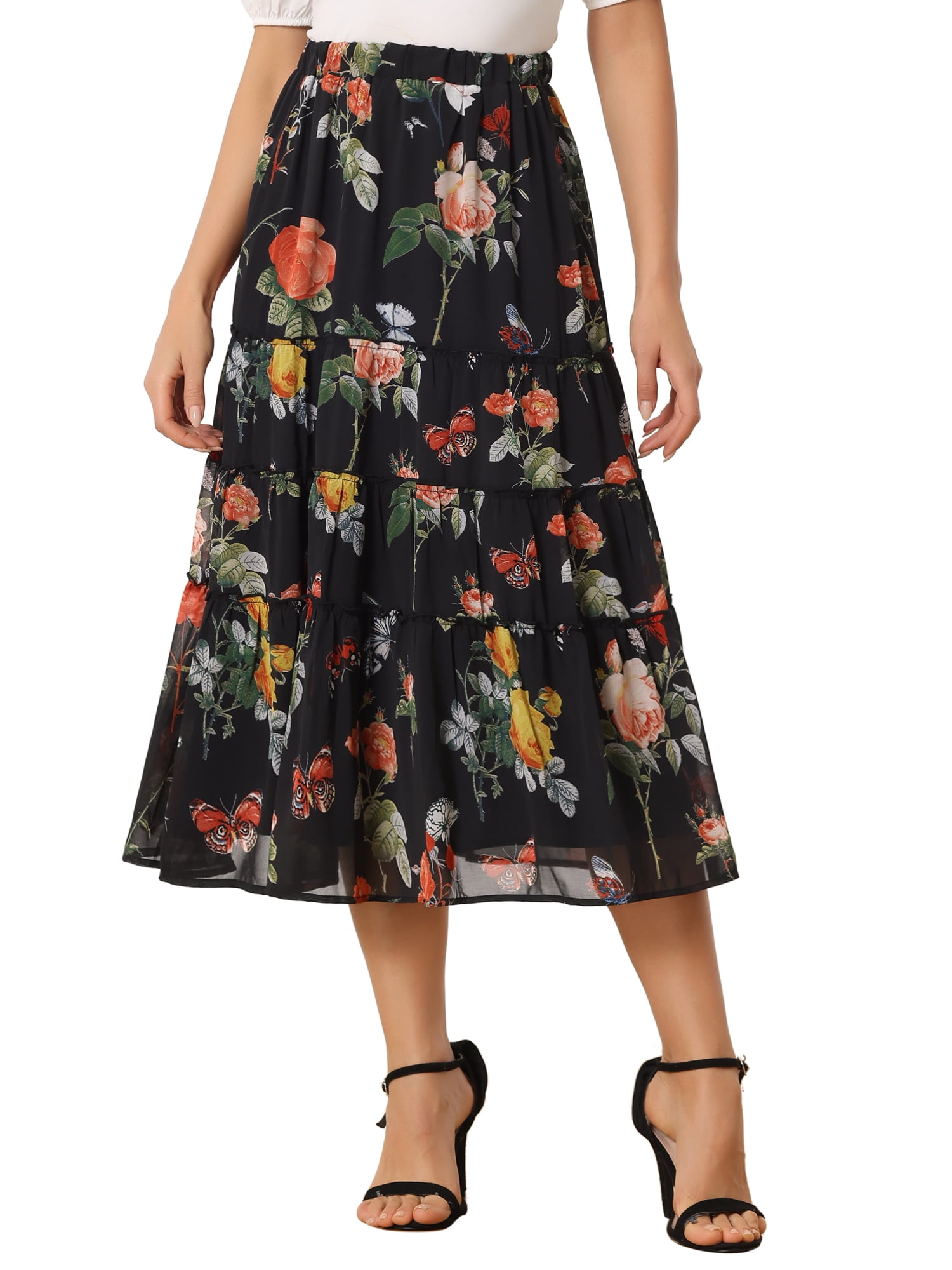 INSPIRE CHIC Women's Floral Print Elastic Waist Ruffle Maxi Tiered ...