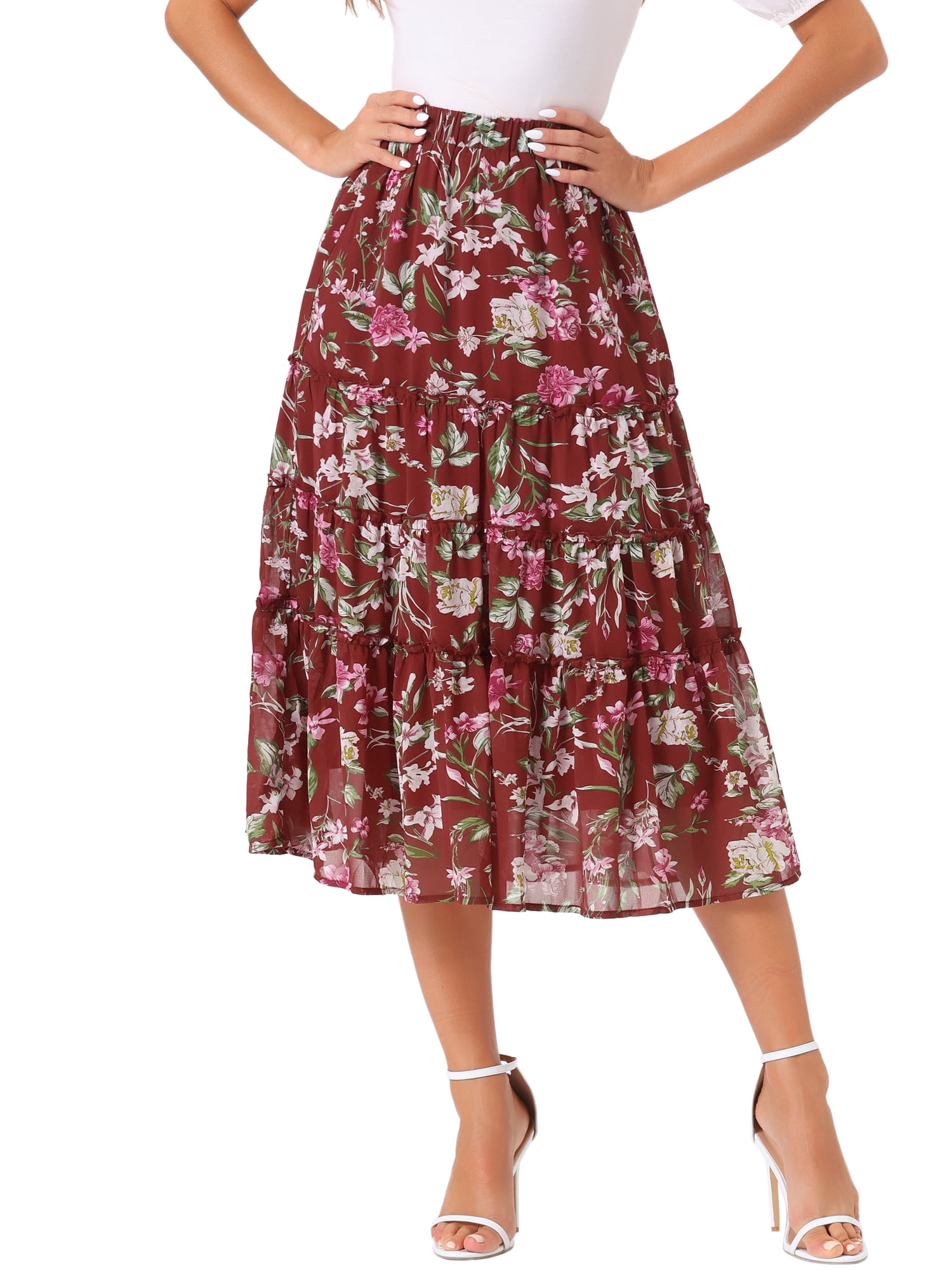 Allegra K Women's Floral Print Elastic Waist Ruffle Maxi Tiered Skirt XS Burgundy - Walmart.com