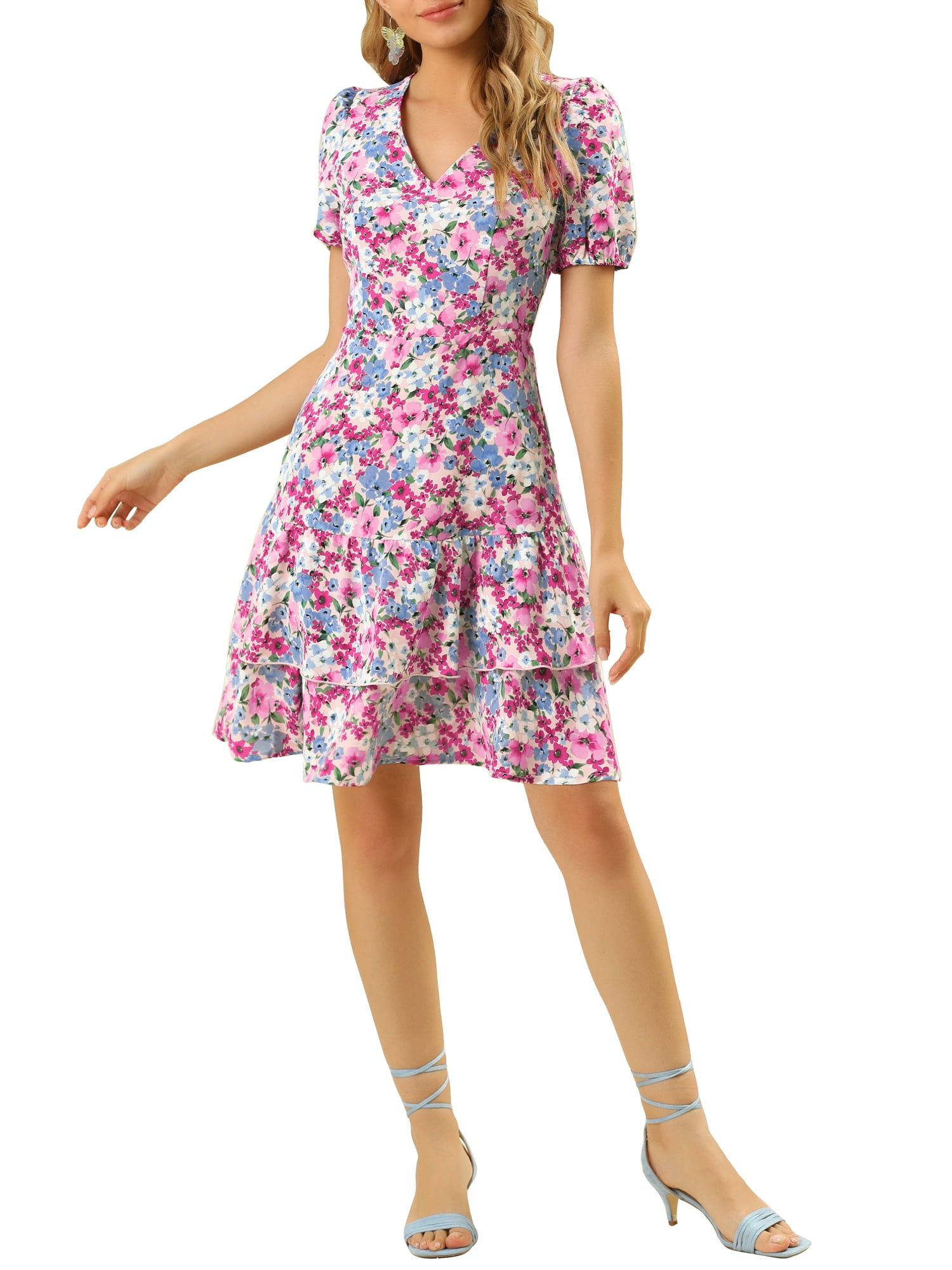 Allegra K Women's Floral Print Mini Dresses Open Back Lace Trim A-Line ...