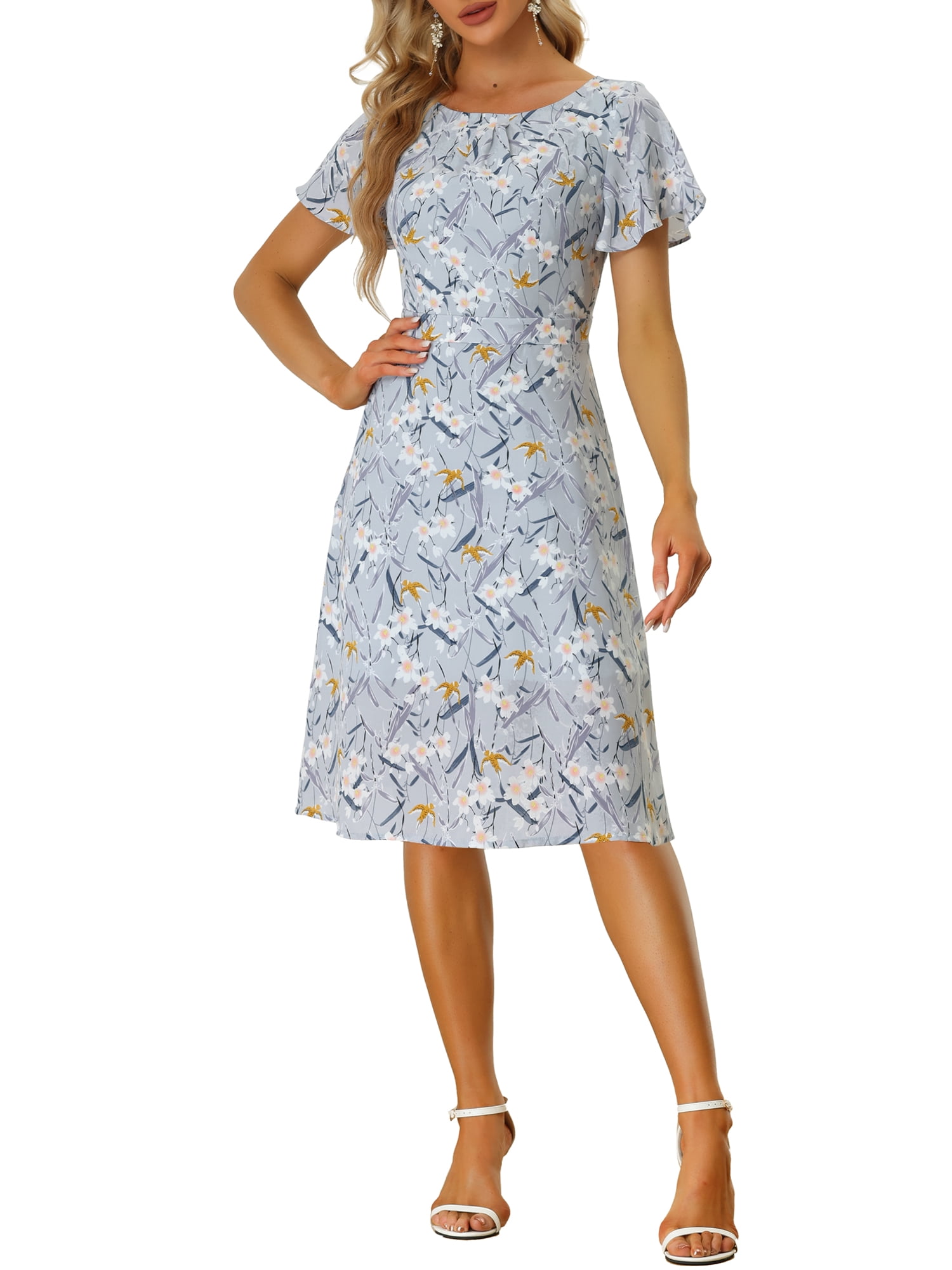 Allegra K Women's Floral Print Pleated Neckline Flared Sleeve Short ...