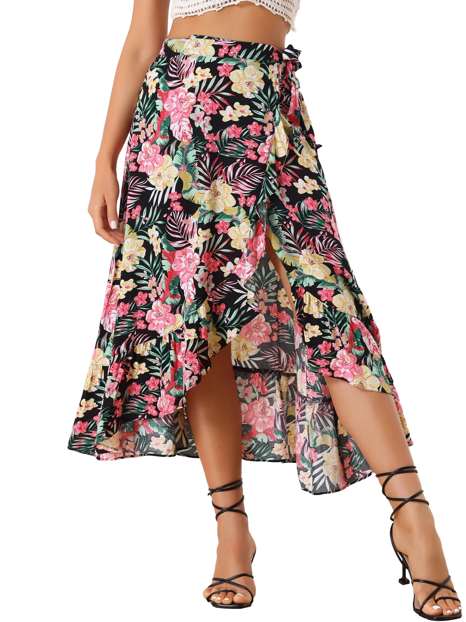 INSPIRE CHIC Women's Tropical Floral Print Ruffle Self Tie Knot Split ...