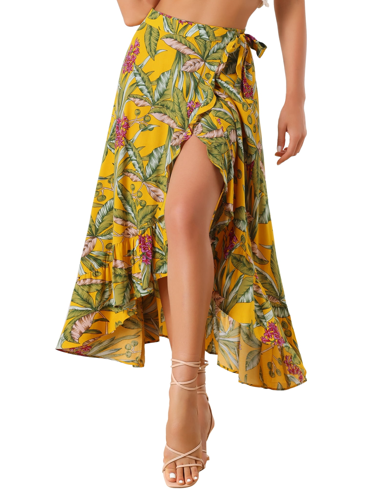 INSPIRE CHIC Women's Tropical Floral Print Ruffle Self Tie Knot Split ...