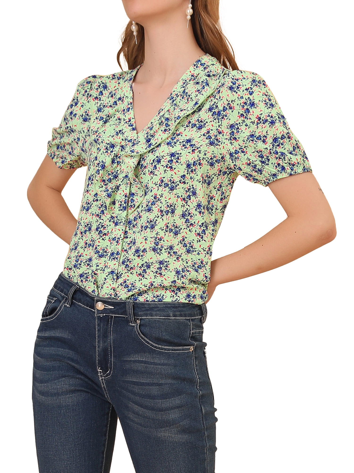Allegra K Women's Floral Print Rufle Button Up Puff Short Sleeves ...