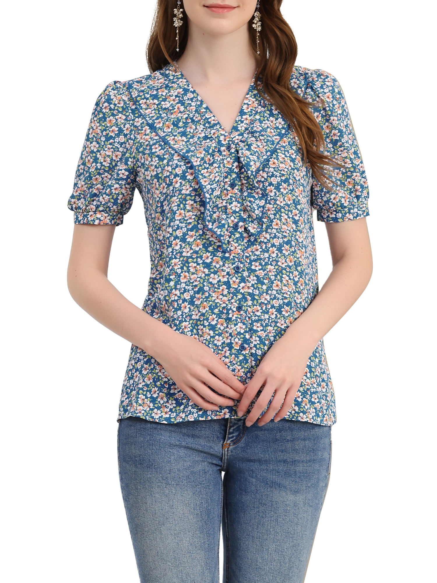 Allegra K Women's Floral Print Rufle Button Up Puff Short Sleeves ...