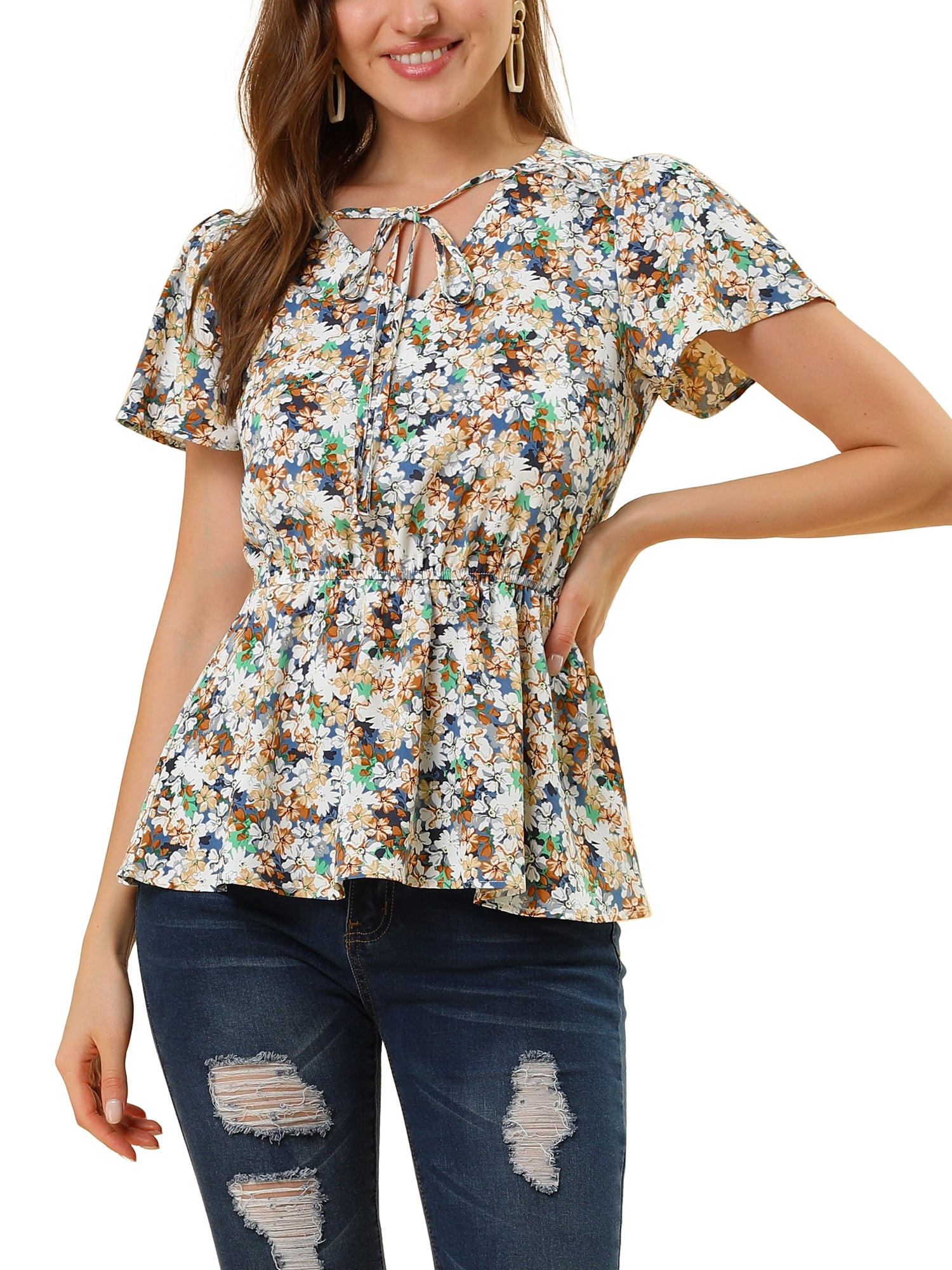 INSPIRE CHIC Women's Floral Print Short Sleeves High Waist Tie Neck ...
