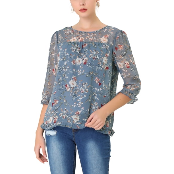 Allegra K Women's Floral Round Neck Ruffled 3/4 Sleeves Flowy Chiffon ...