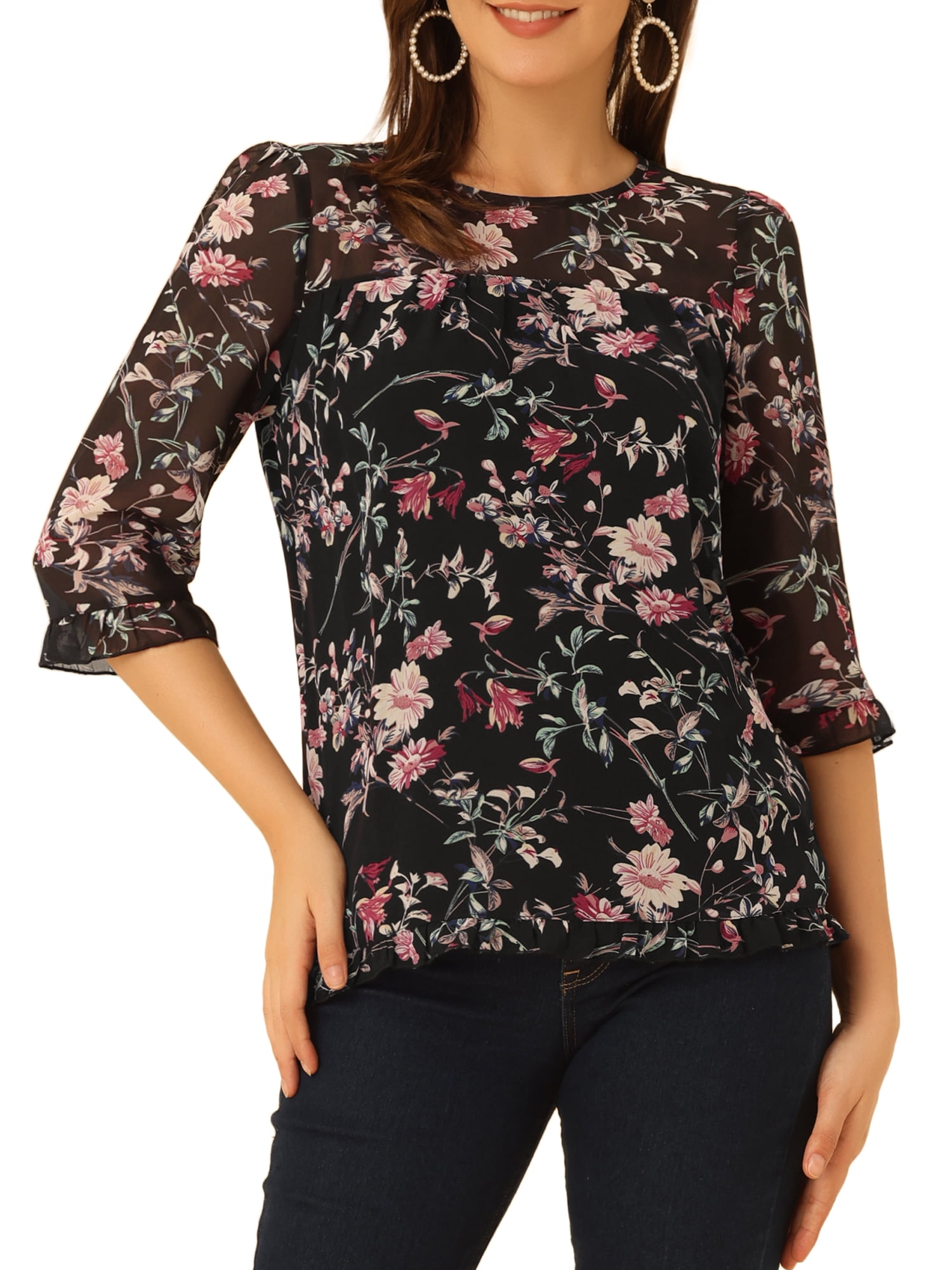 Allegra K Women's Blouses Floral Round Neck Ruffled 3/4 Sleeves ...