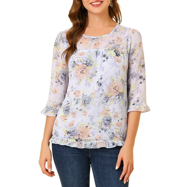 Allegra K Blouses For Women Floral Round Neck Ruffled 3 4 Sleeves Flowy