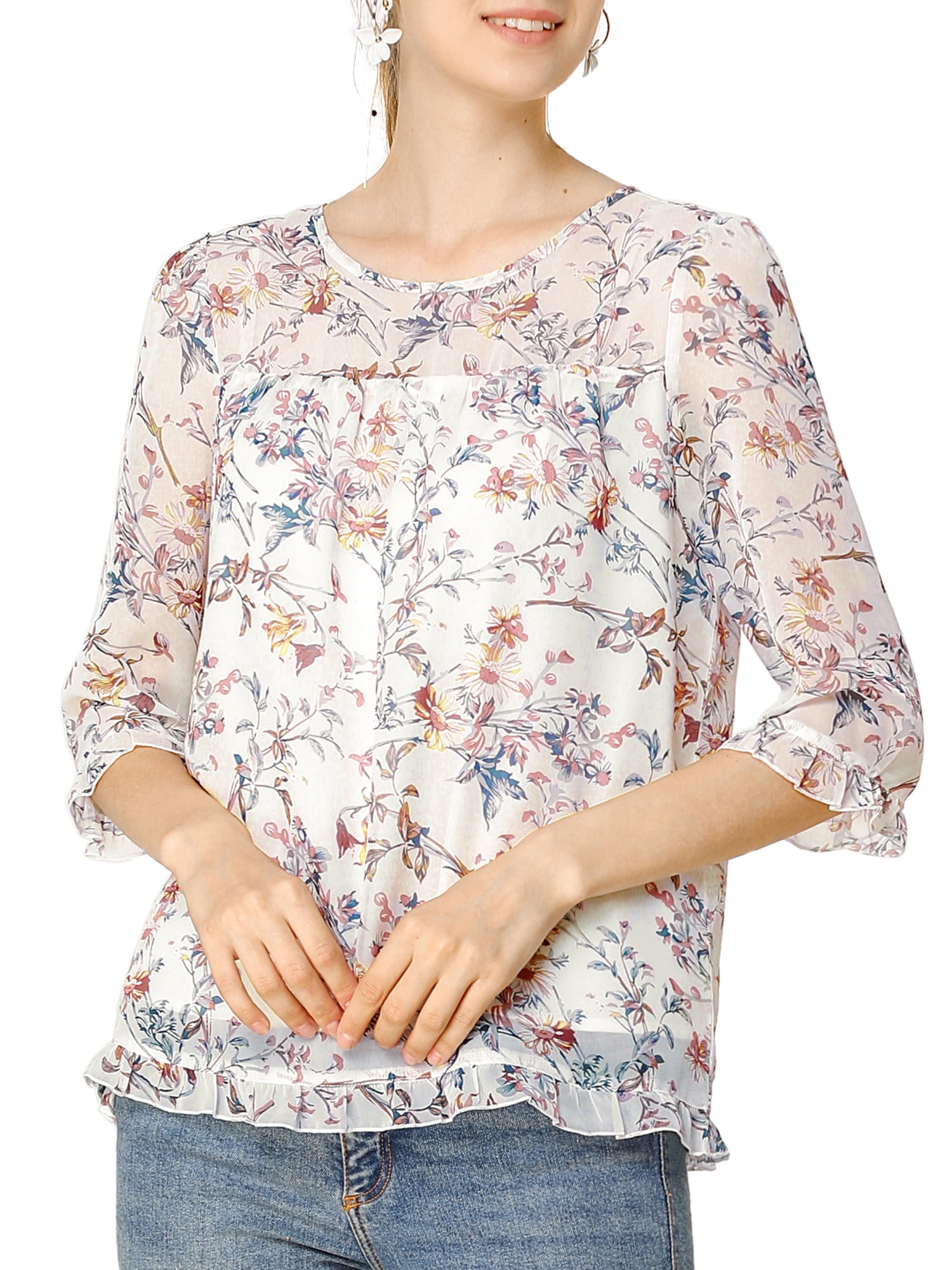 Allegra K Women's Blouses Floral Round Neck Ruffled 3/4 Sleeves Flowy ...