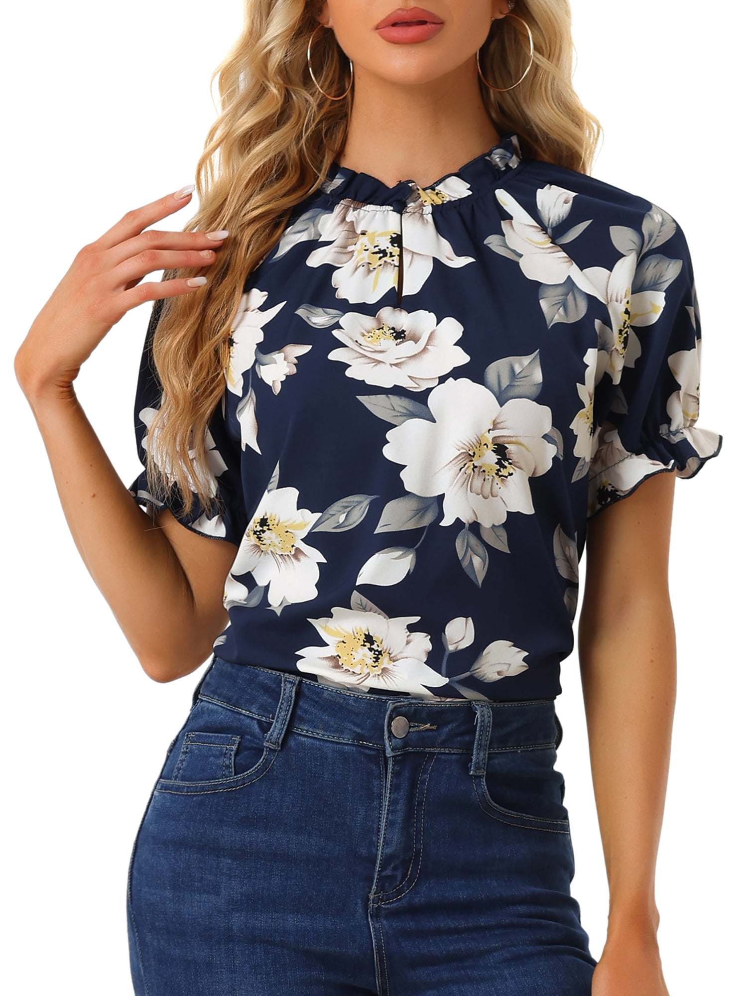 INSPIRE CHIC Women's Blouse Floral Ruffled Short Sleeve Ruffle Neck ...