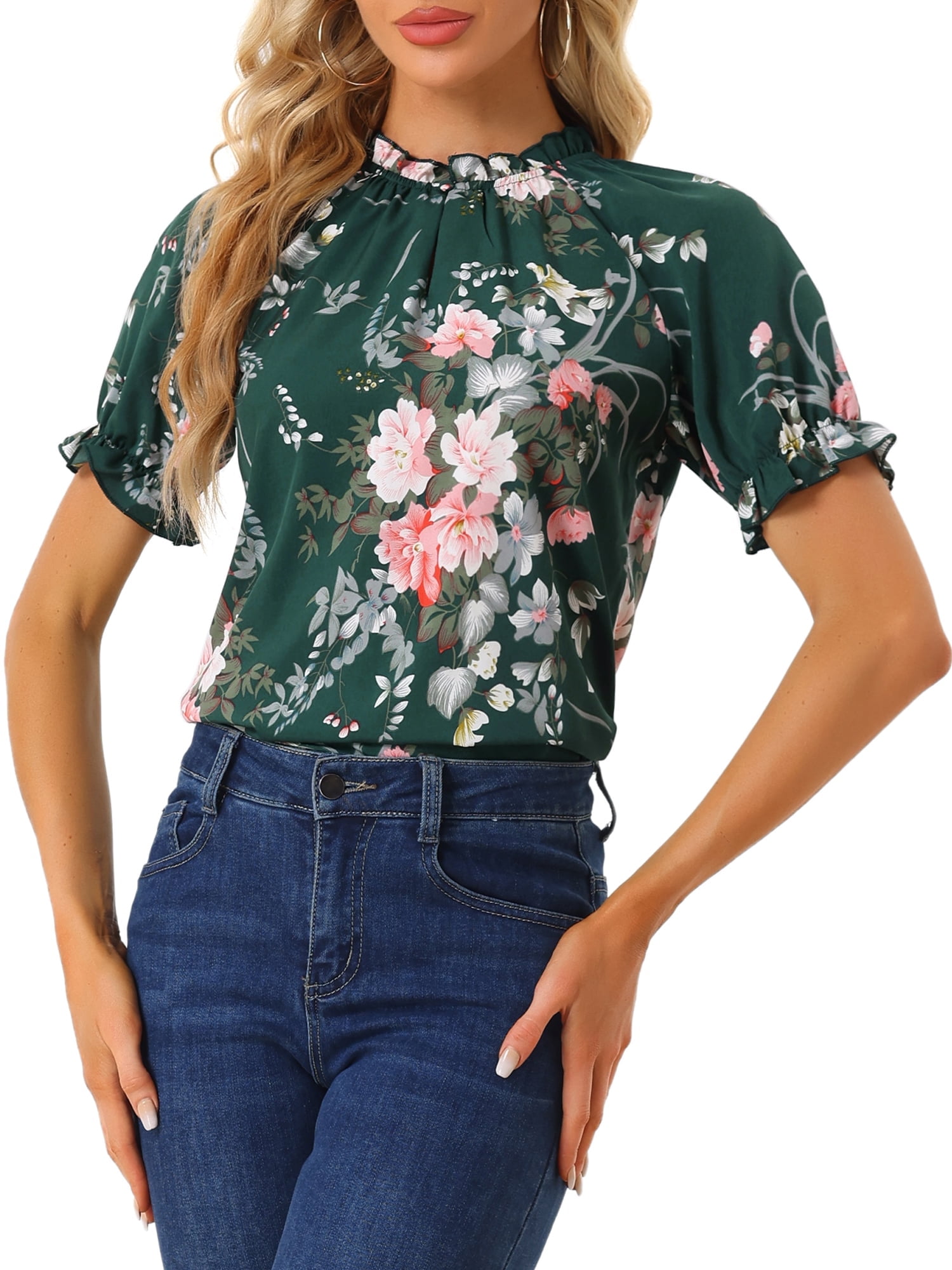 INSPIRE CHIC Women's Floral Ruffled Short Sleeve Ruffle Neck Casual ...