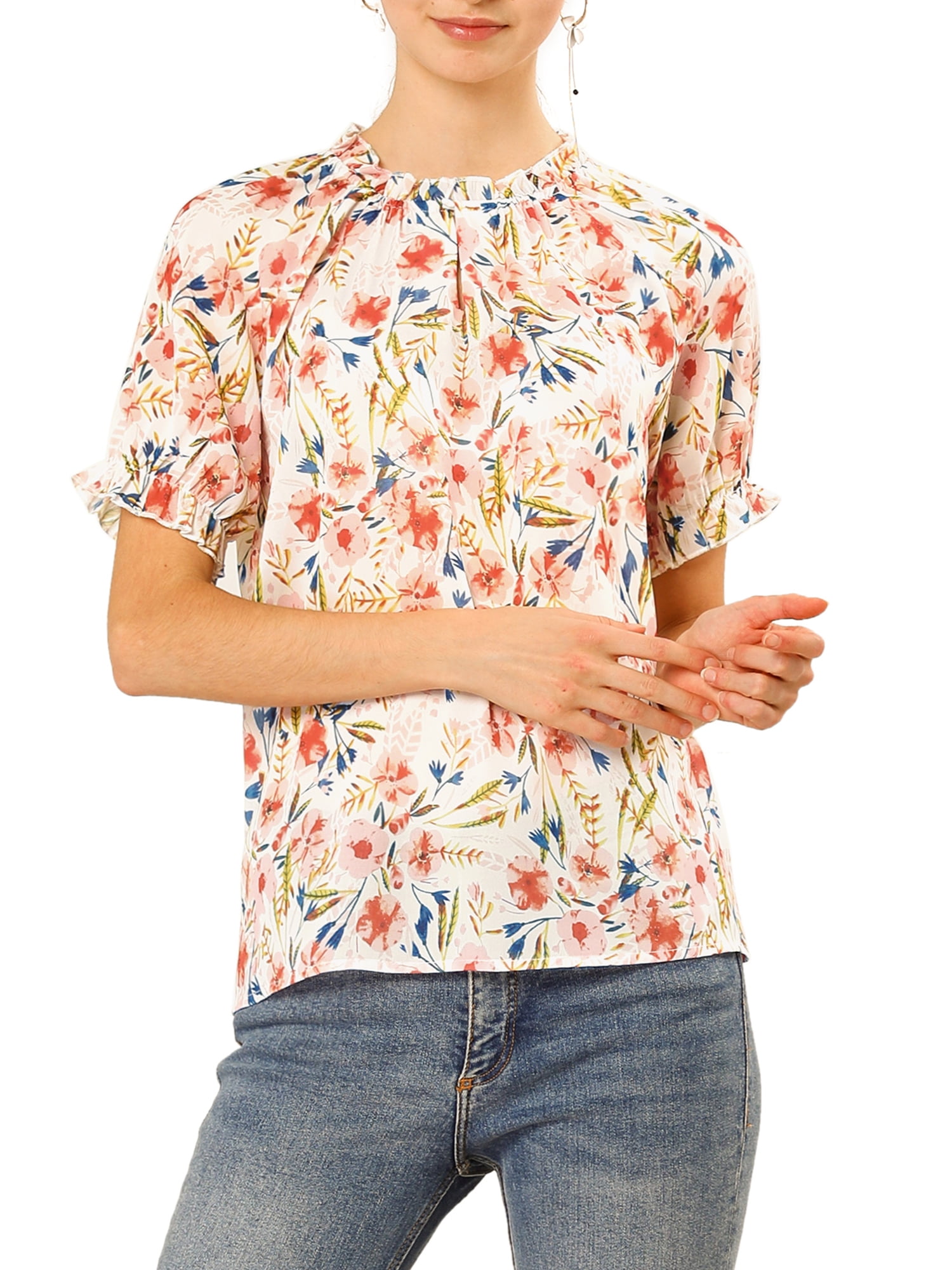 Allegra K Women's Floral Ruffled Short Sleeve Ruffle Neck Casual ...