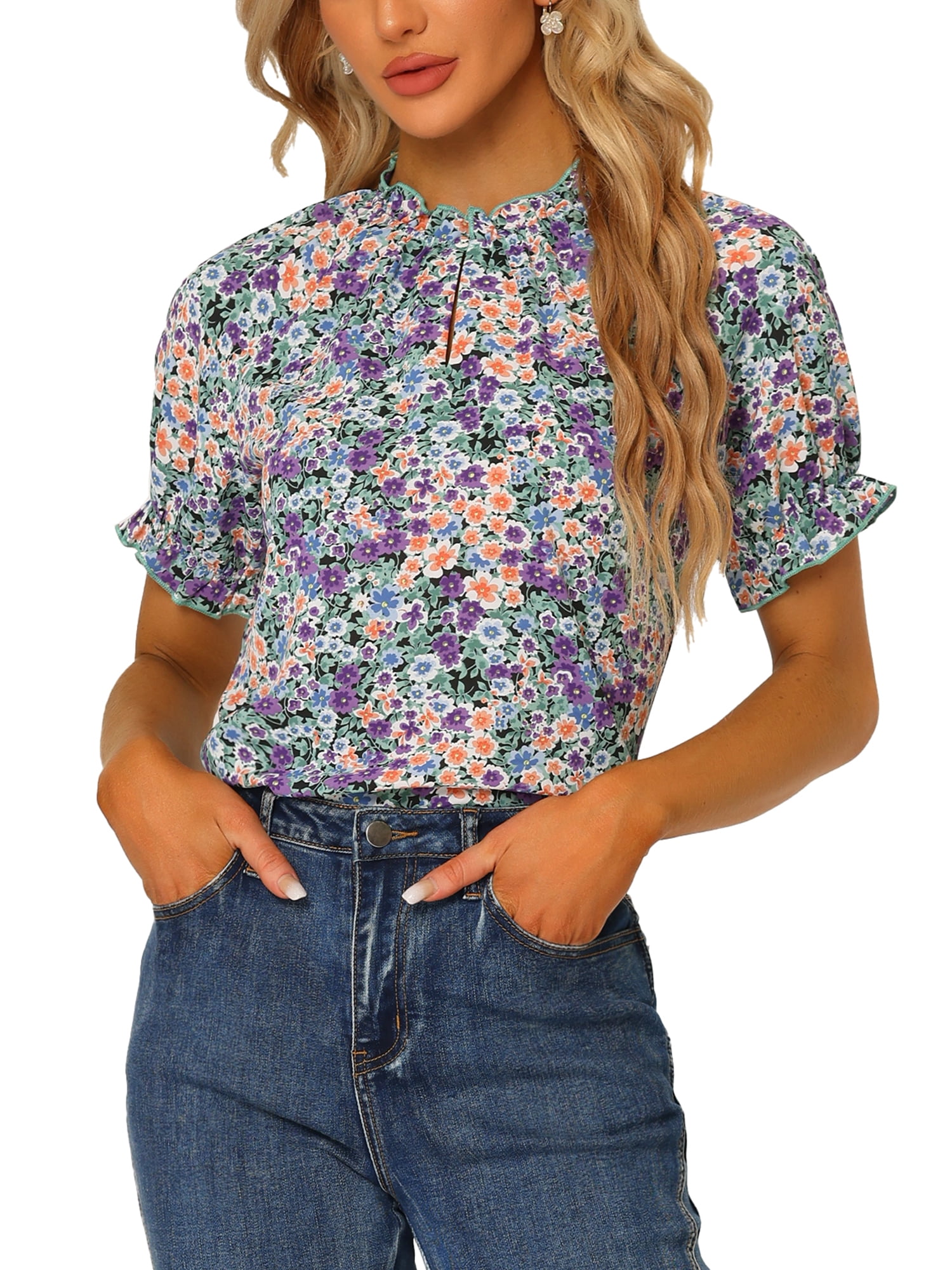 Allegra K Women's Floral Print Ruffled Short Sleeve, Mock Neck, Loose ...