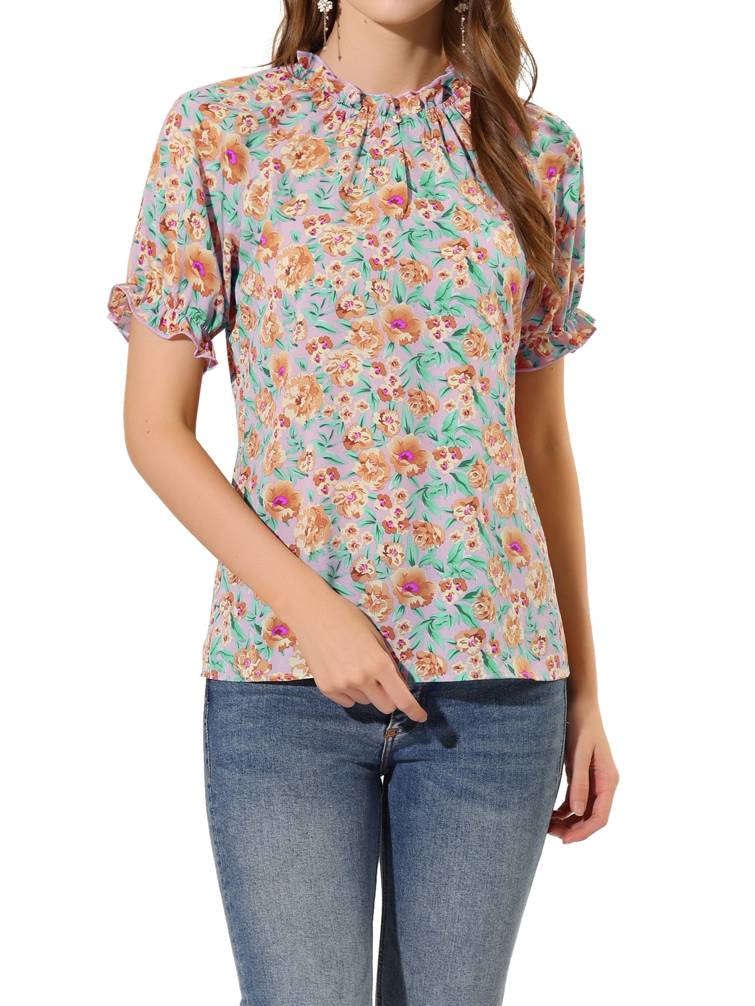 Allegra K Women's Floral Ruffled Short Sleeve Ruffle Neck Casual ...
