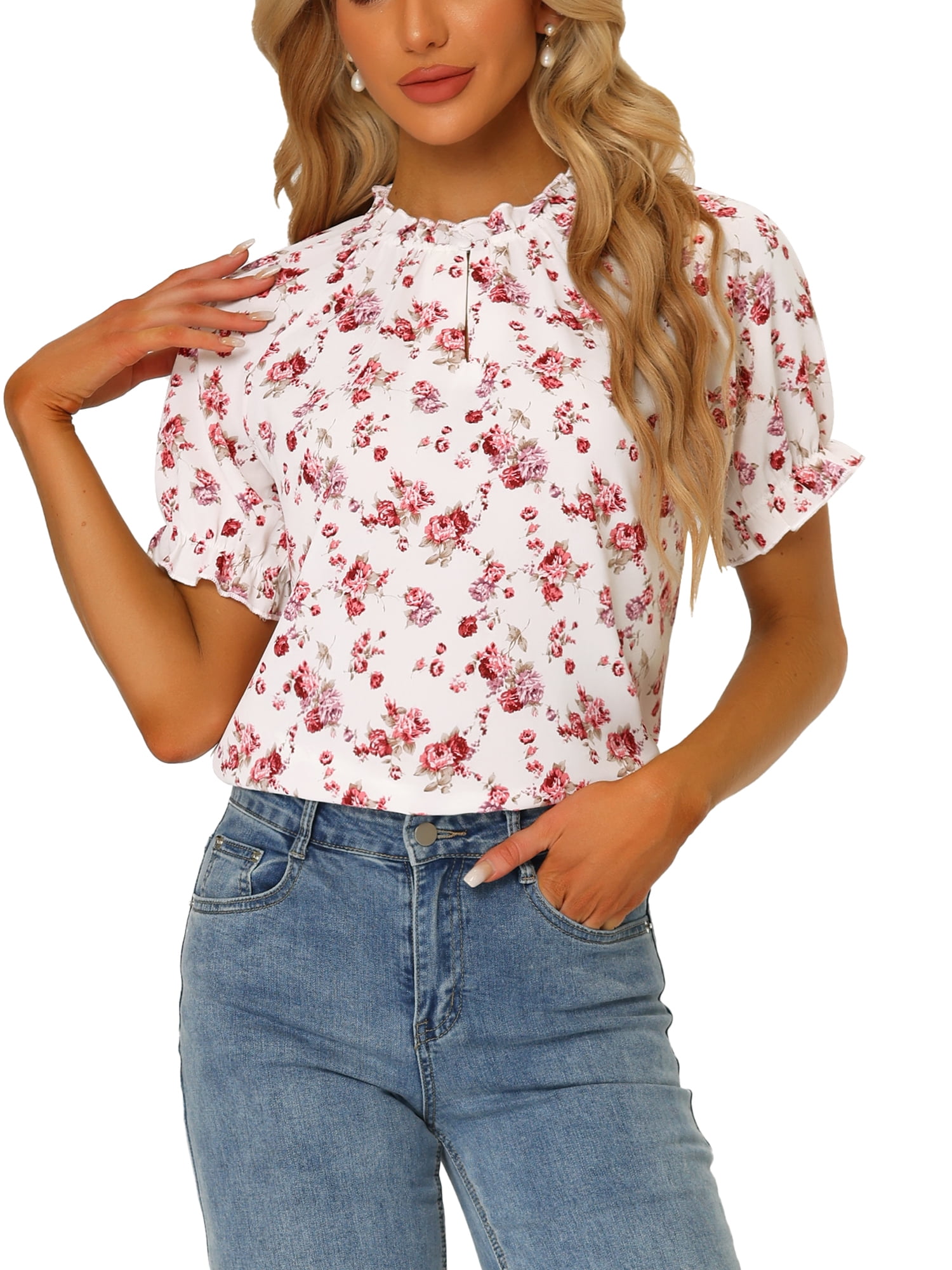 Allegra K Women's Floral Ruffled Short Sleeve Ruffle Neck Casual ...