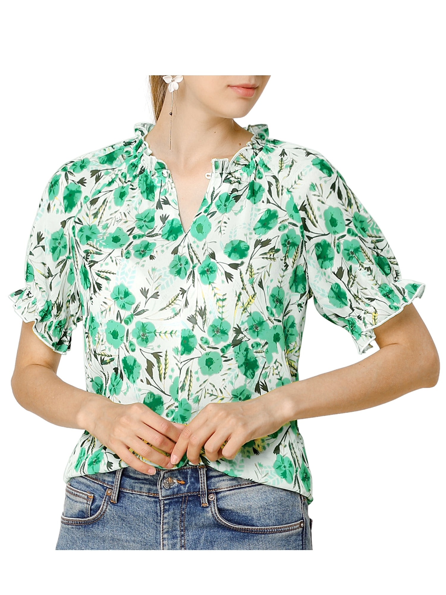 Allegra K Women's Floral Ruffled Short Sleeve Ruffle Neck Casual ...