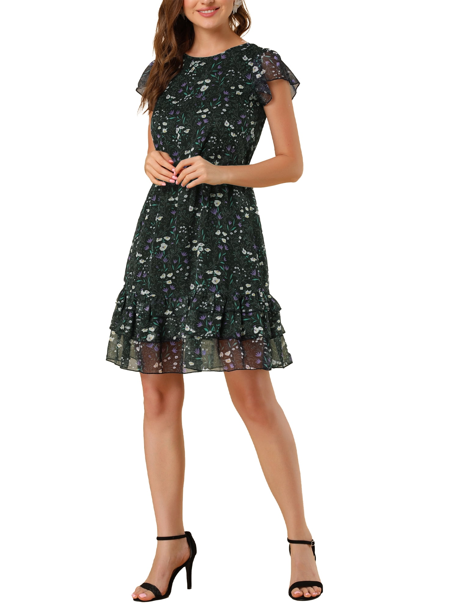 Allegra K Women's Floral Ruffled Sleeves Above Knee Layered Ruffle Hem ...