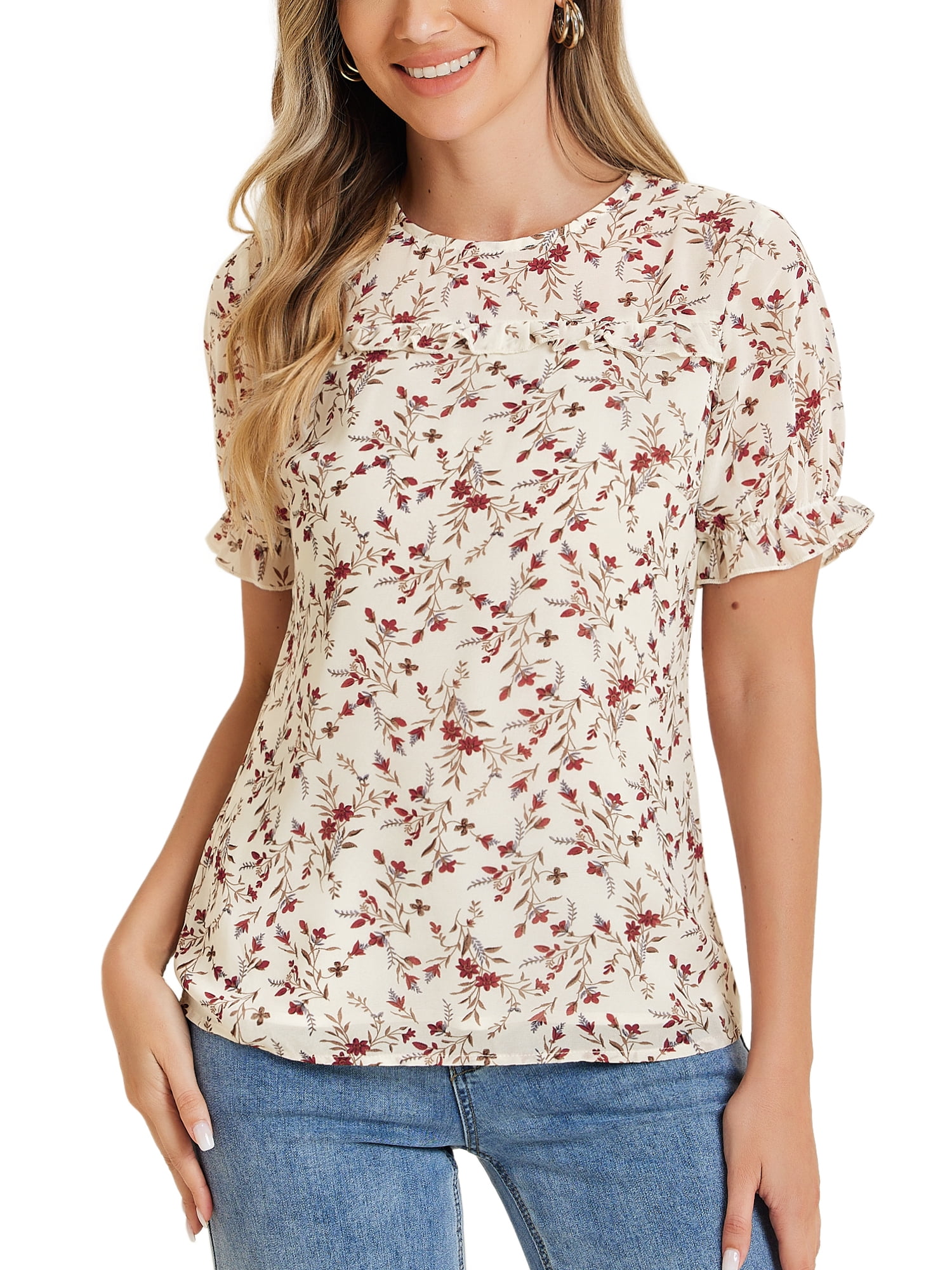INSPIRE CHIC Elegant Womens Chiffon Short Sleeve Ruffled Trim Floral ...
