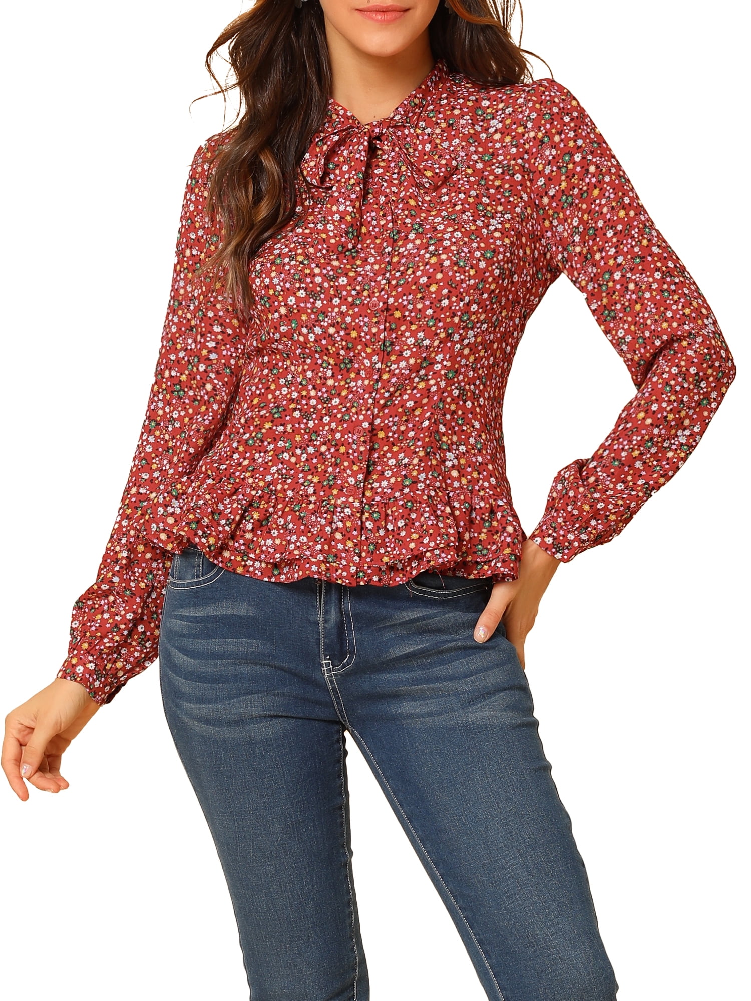INSPIRE CHIC Women's Floral Tie Bow Neck Button Down Ruffle Hem Blouse ...