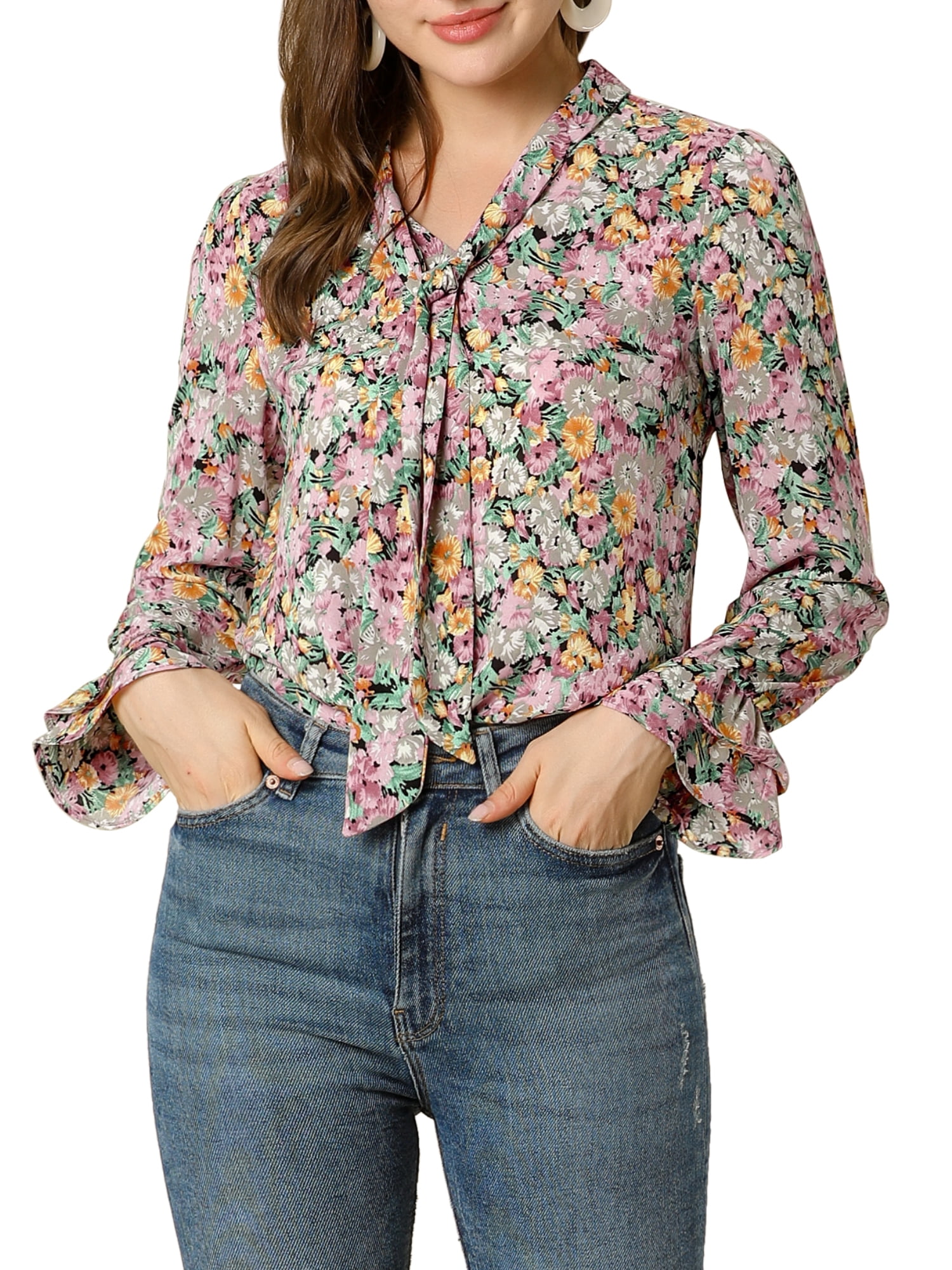 Allegra K Women's Floral Tie V Neck Vintage Ruffle Trumpet Long Sleeve ...