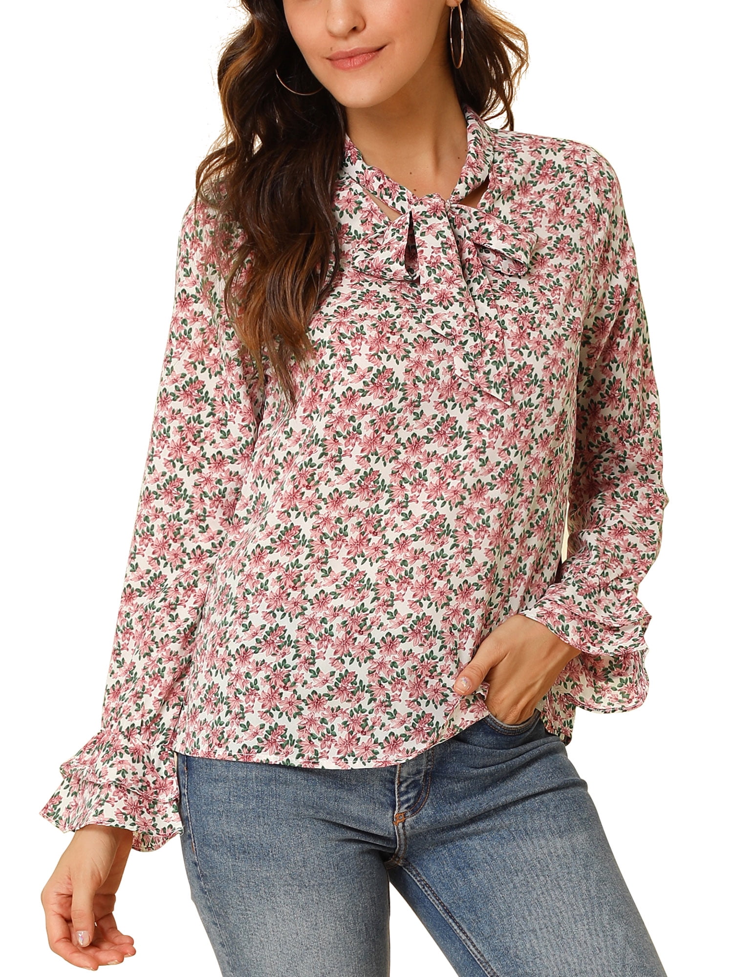 Allegra K Women's Floral Tie V Neck Vintage Ruffle Trumpet Long Sleeve ...