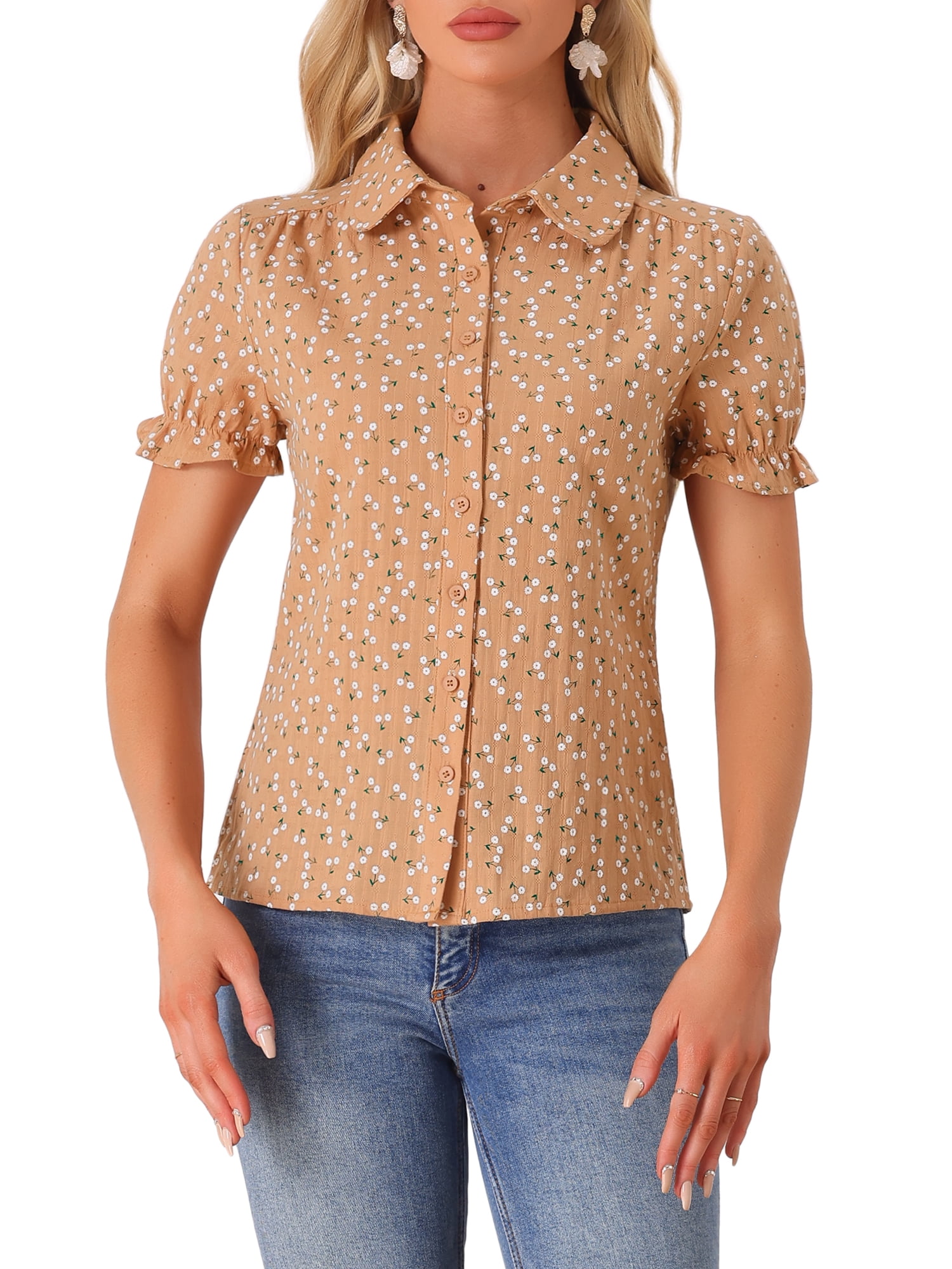 INSPIRE CHIC Women's Frilled Tops Bubble Sleeves Peter Pan Collar ...