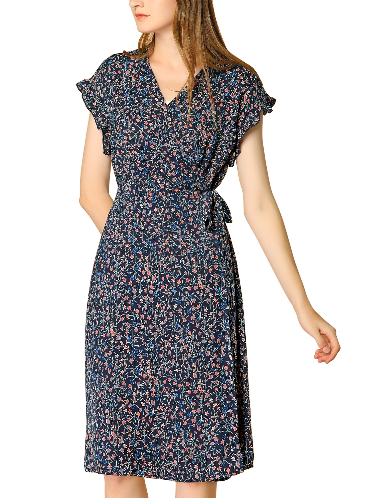 Allegra K Women's Floral Midi Dress with V Neck, Ruffled Flutter Sleeve ...