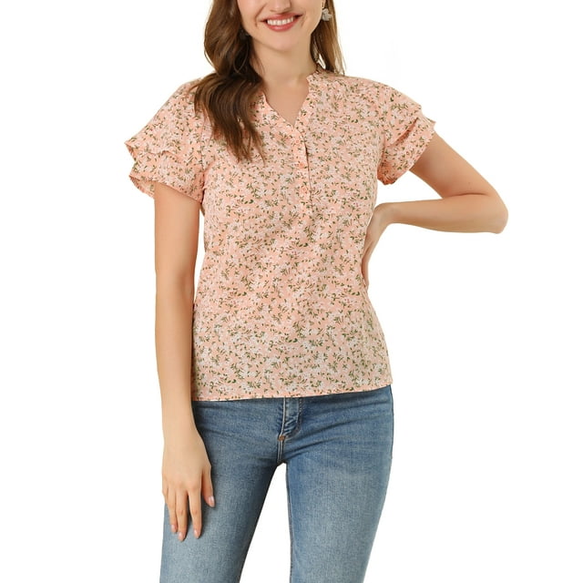Allegra K Womens Floral V Neck Tiered Short Sleeve Button Down Summer