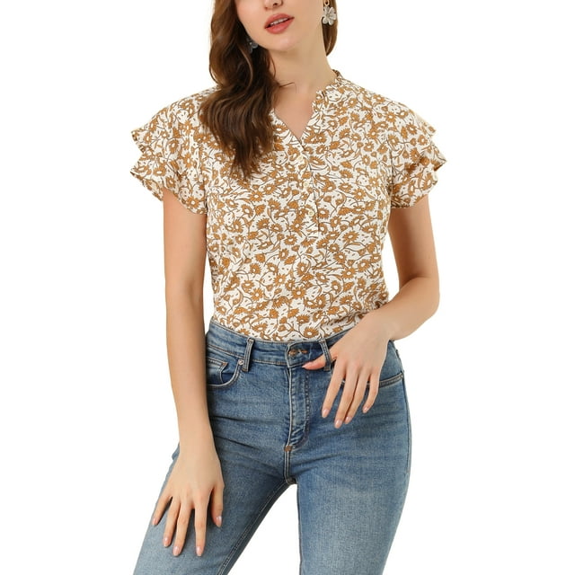 Allegra K Womens Floral V Neck Tiered Short Sleeve Button Down Summer
