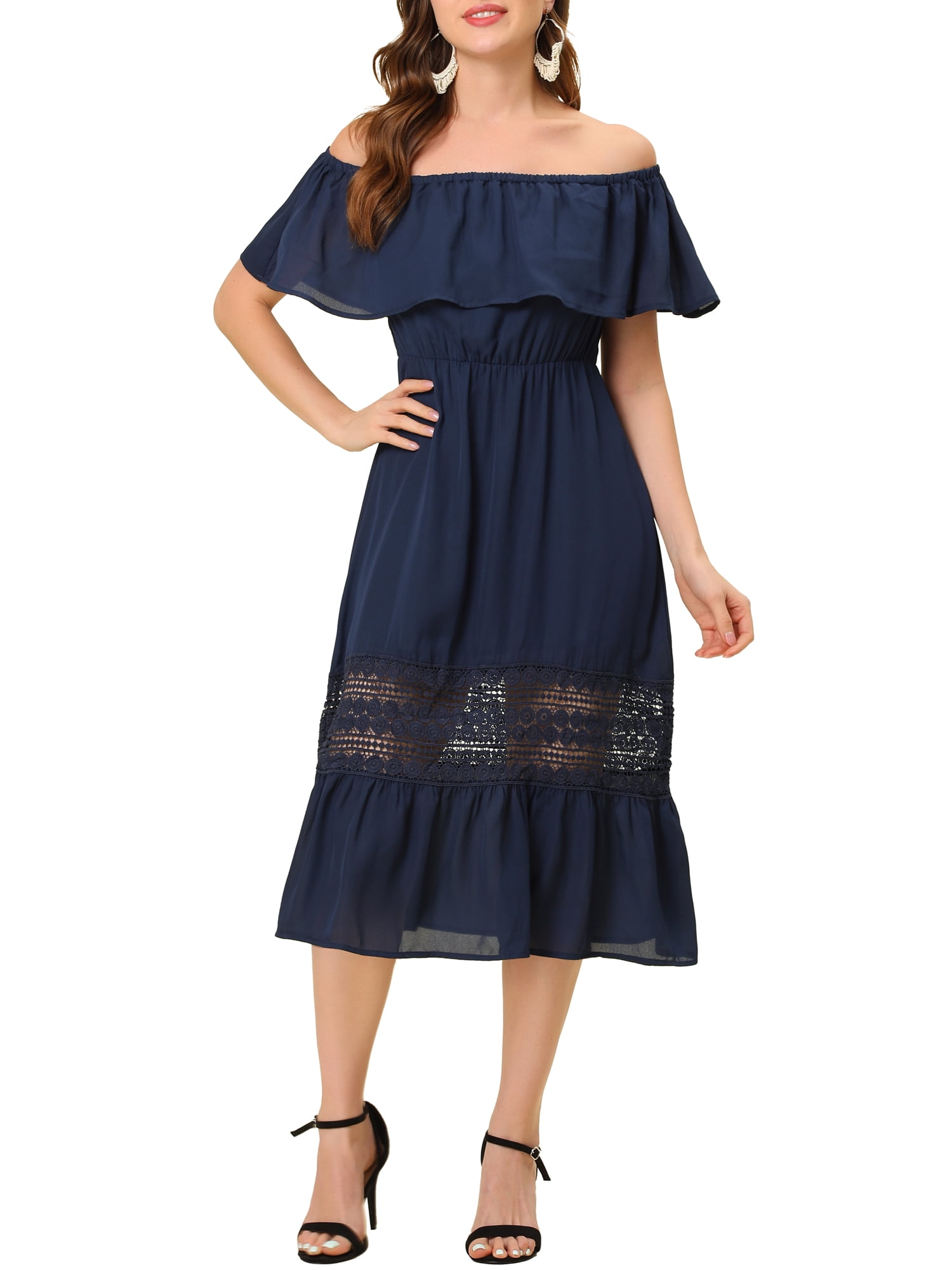 INSPIRE CHIC Women's Flutter Sleeve Off The Shoulder Ruffle Lace Insert ...