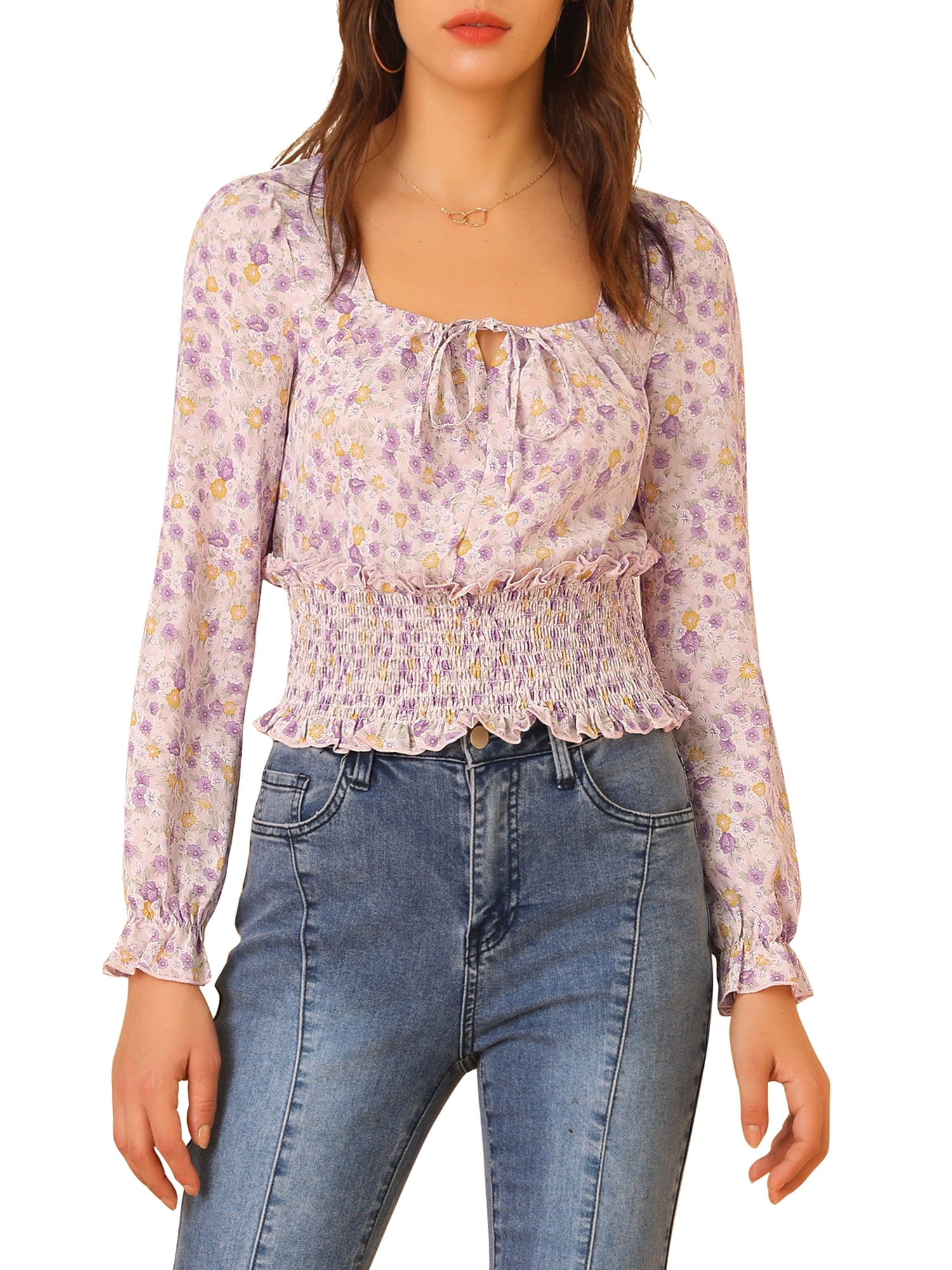 Allegra K Women's Frill Smocked Square Neck Long Sleeve Chiffon Ditsy ...