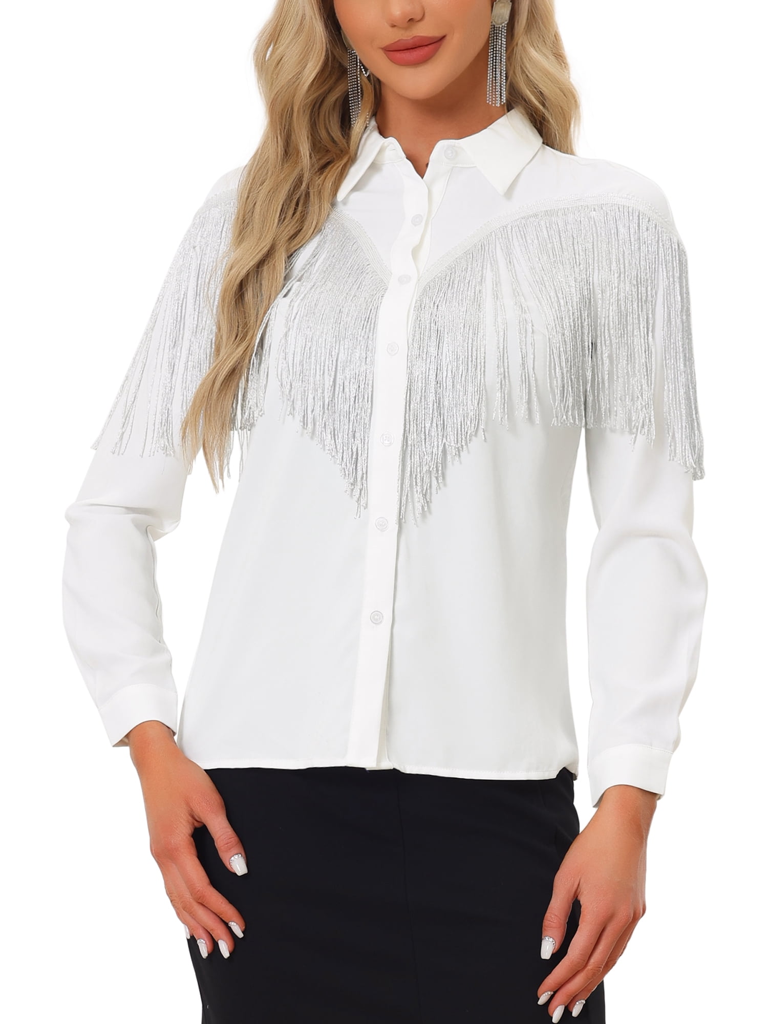 Women's Western Fringe Blouse Long Sleeve Button Down Disco Cowgirl ...
