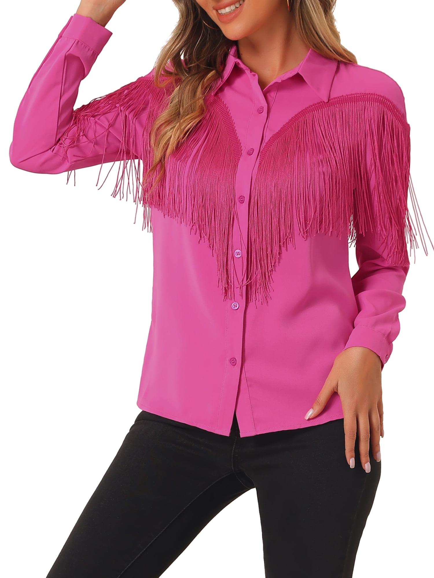 INSPIRE CHIC Women's Western Fringe Blouse Long Sleeve Button Down ...