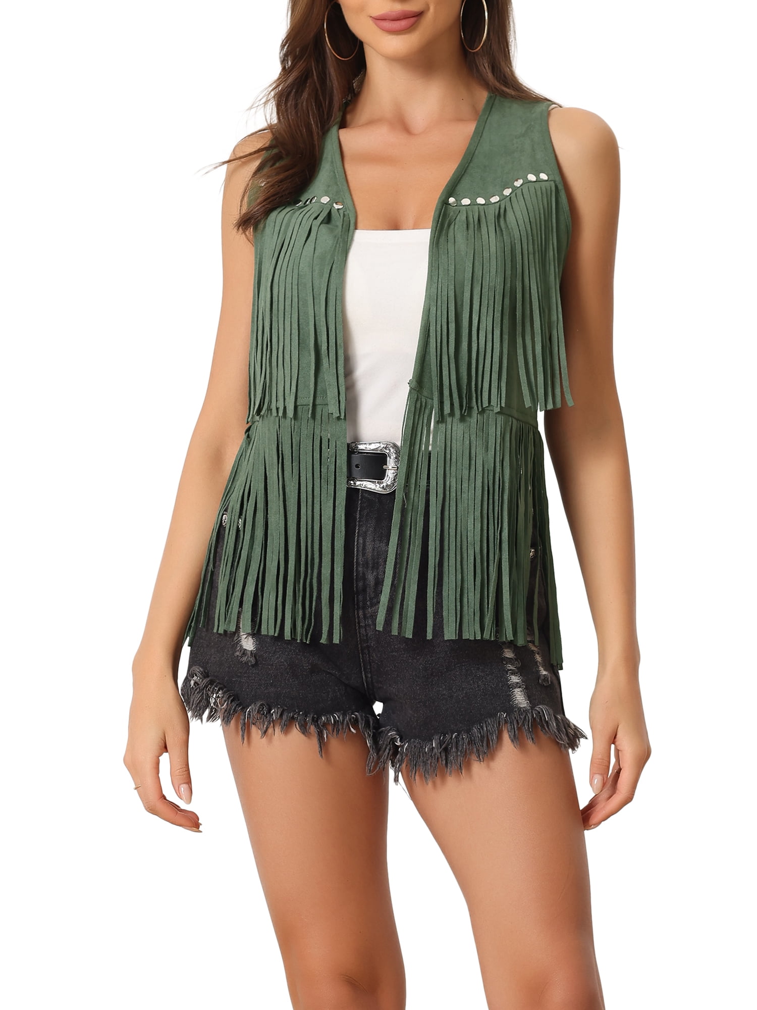Allegra K Women's Fringe Vest Open Front 70s Outfits Faux Suede Tassel ...