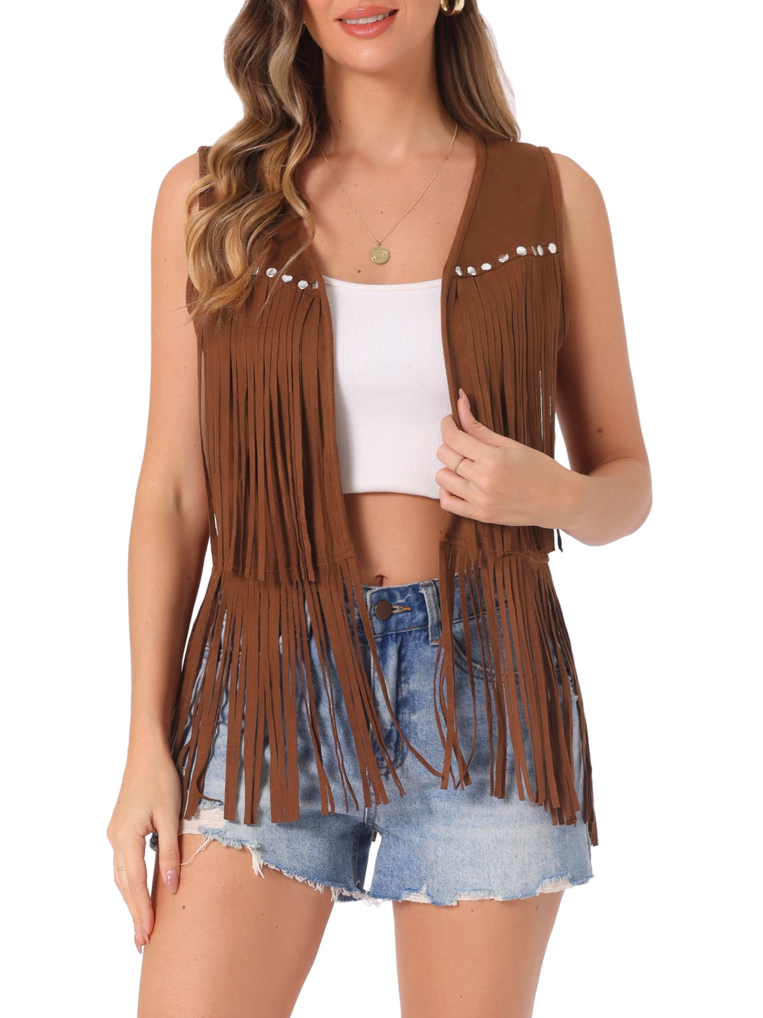 INSPIRE CHIC Women's Fringe Vest Open Front Western 70s Outfits Faux ...