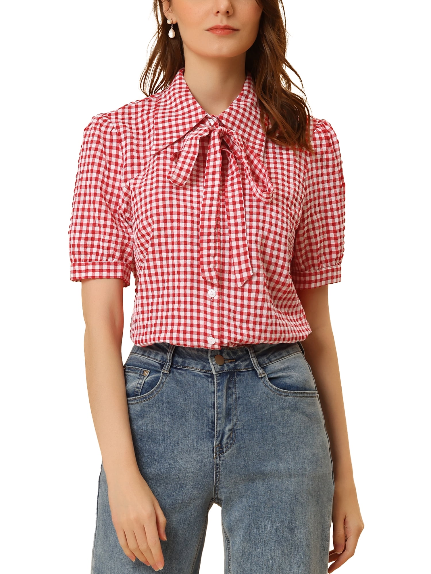 Allegra K Women's Gingham Plaid Bow Tie Neck Casual Blouse Top ...