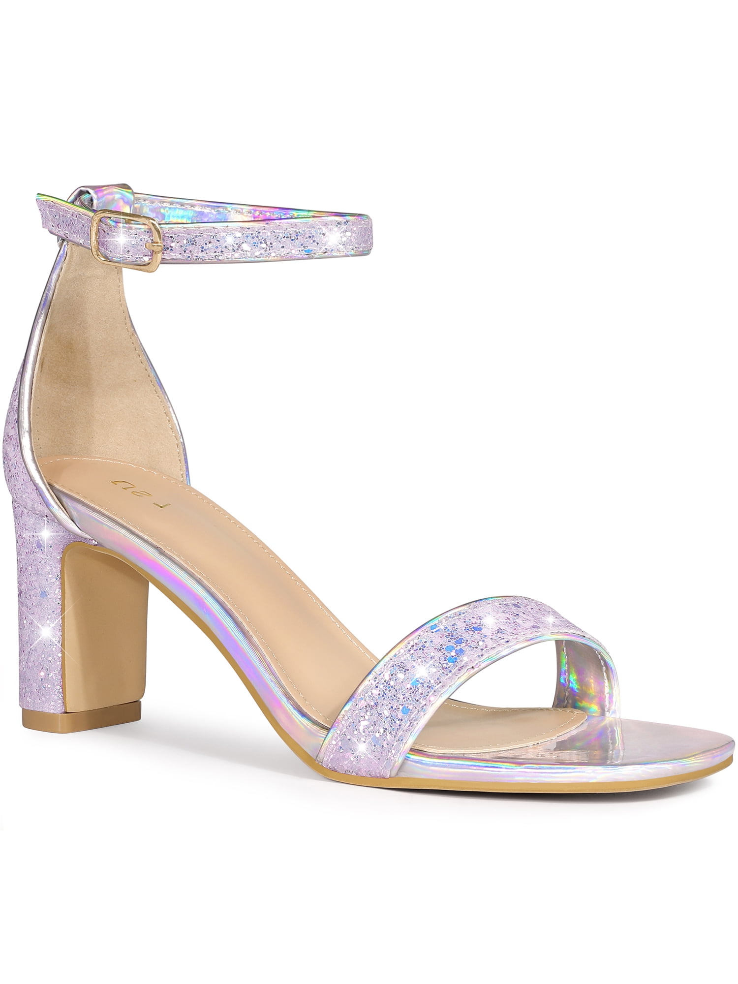 BLISSFUL STEP Women's Shoes Glitter Ankle Strap Block Heel Prom Sandals ...