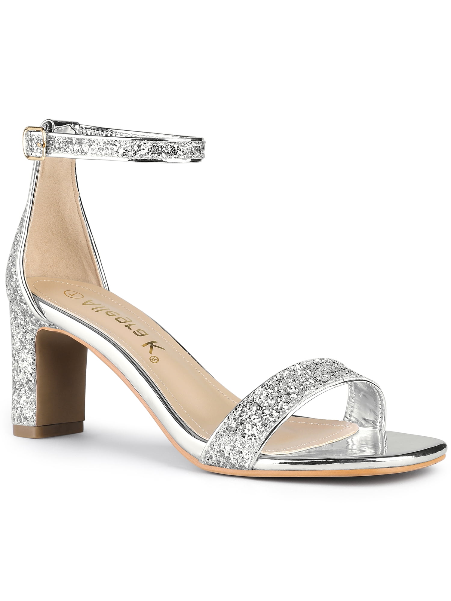 Allegra K Women's Glitter Ankle Strap Block Heeled Prom Sandals ...