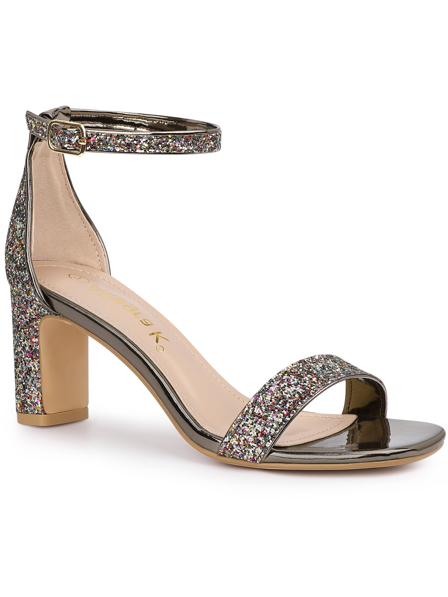 BLISSFUL STEP Women's Glitter Ankle Strap Block Heeled Prom Sandals ...