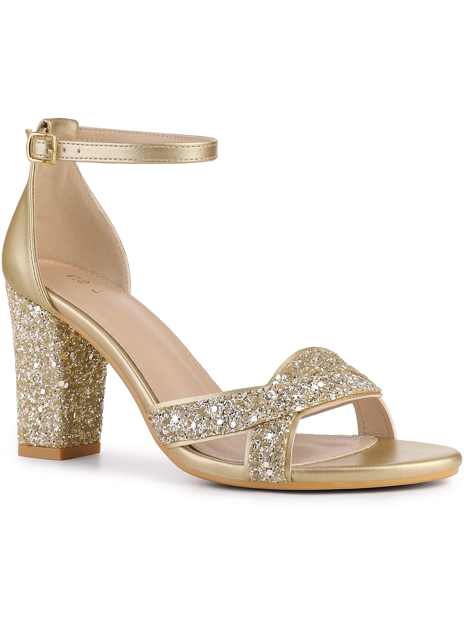 Allegra K Women's Glitter Ankle Strap High Block Heel Sandals Gold 10 ...