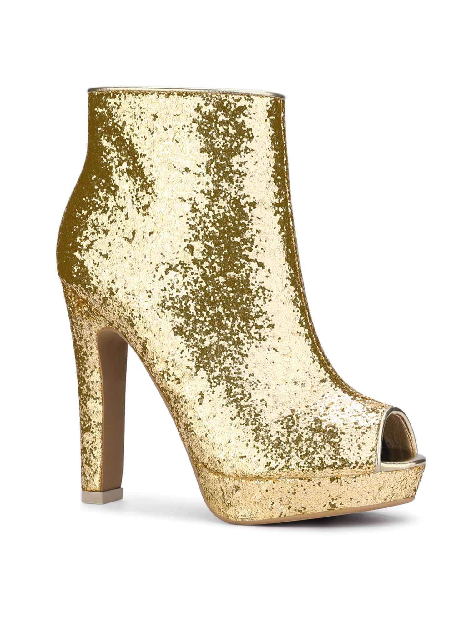 BLISSFUL STEP Women's Glitter Peep Toe Platform Block High Heel Boots ...