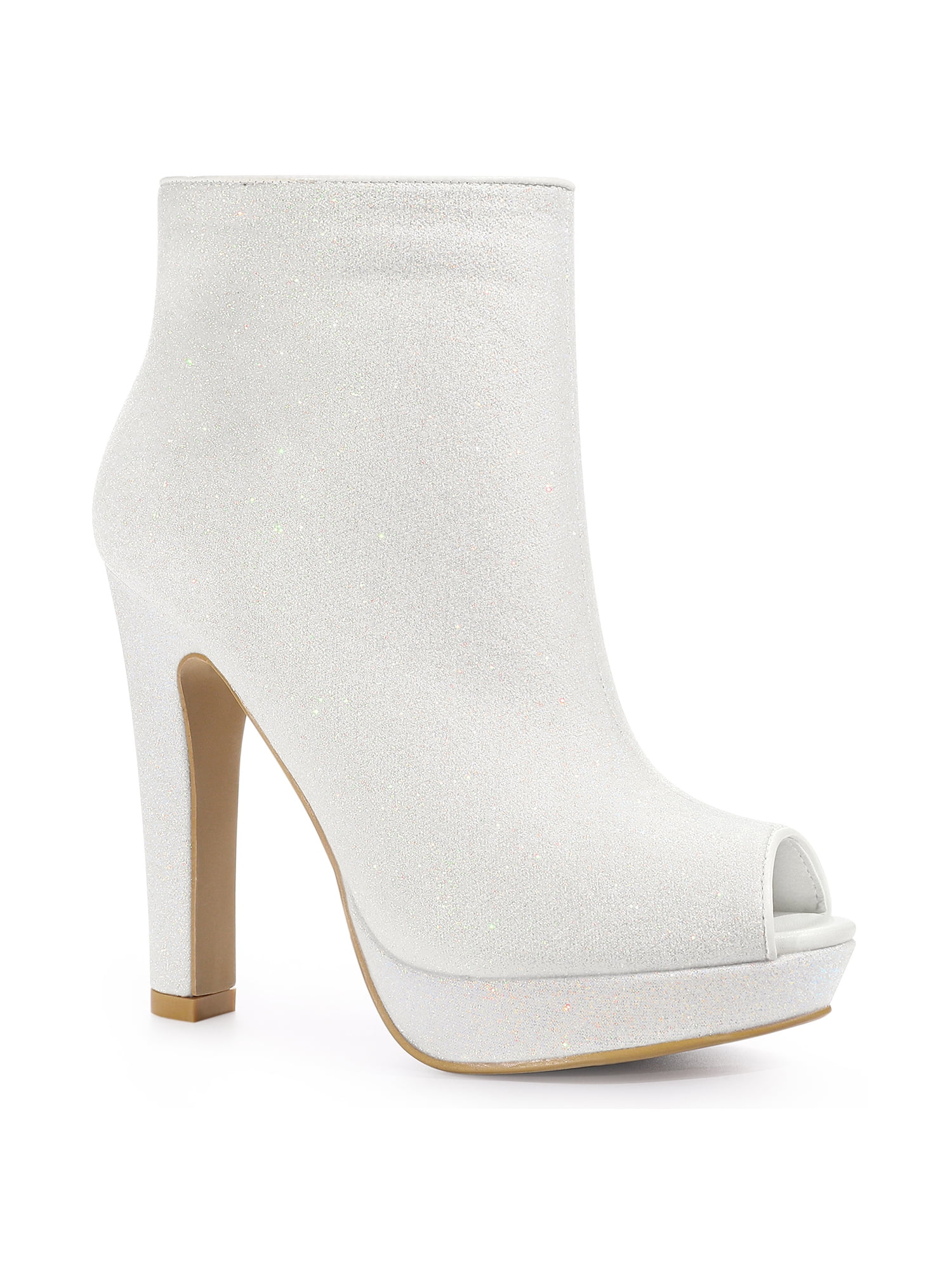 BLISSFUL STEP Women's Glitter Peep Toe Platform Block High Heel Boots ...