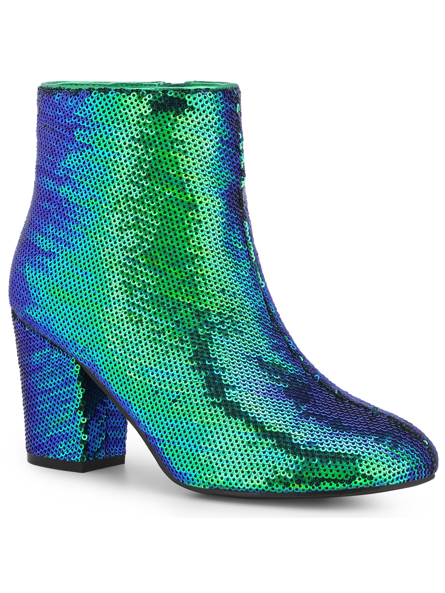 Allegra K Women's Glitter Round Toe Block Heel Ankle Boots Green 7 ...
