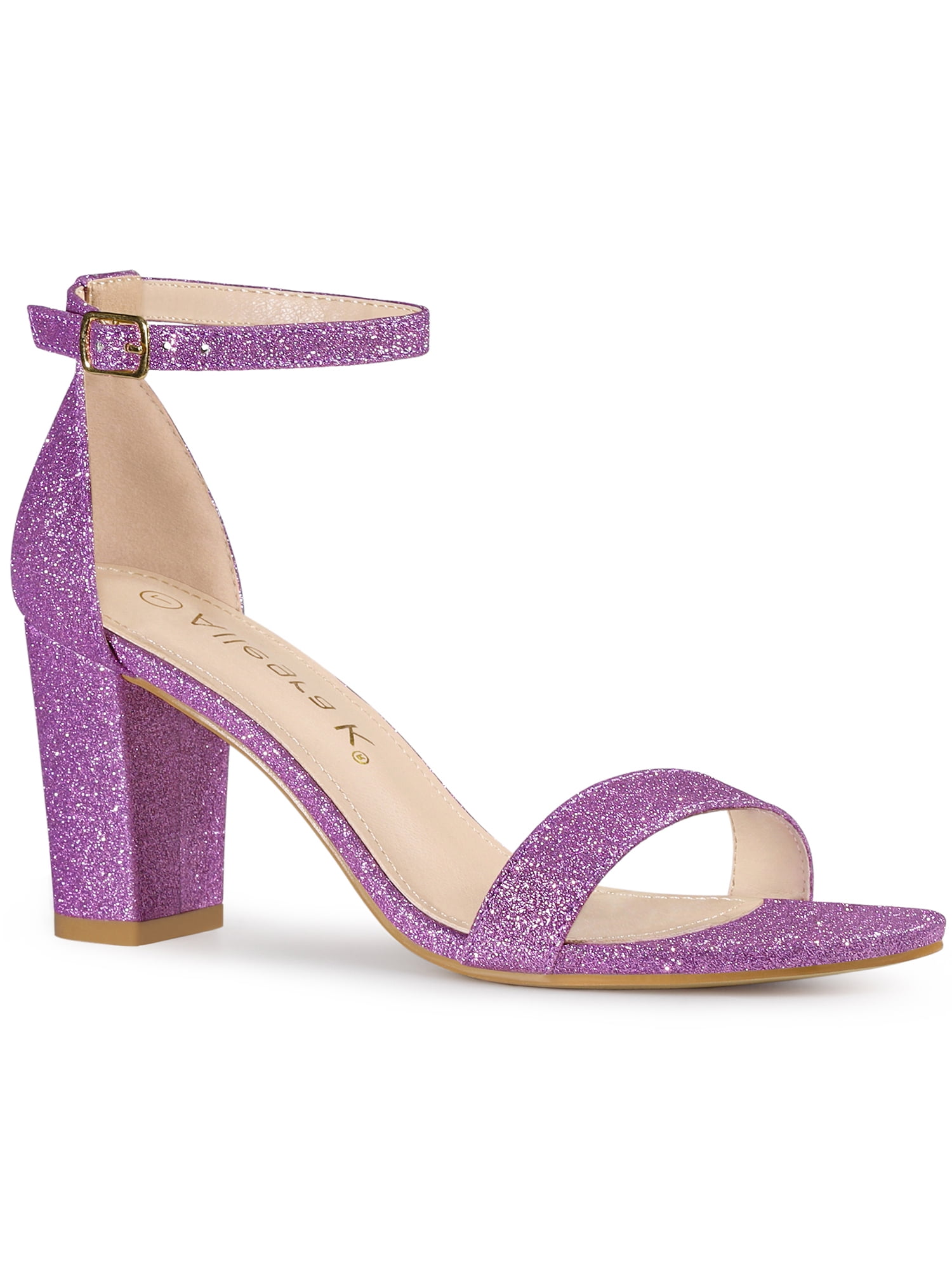 BLISSFUL STEP Women's Shoes Ankle Strap Open Toe Glitter Chunky Heels ...