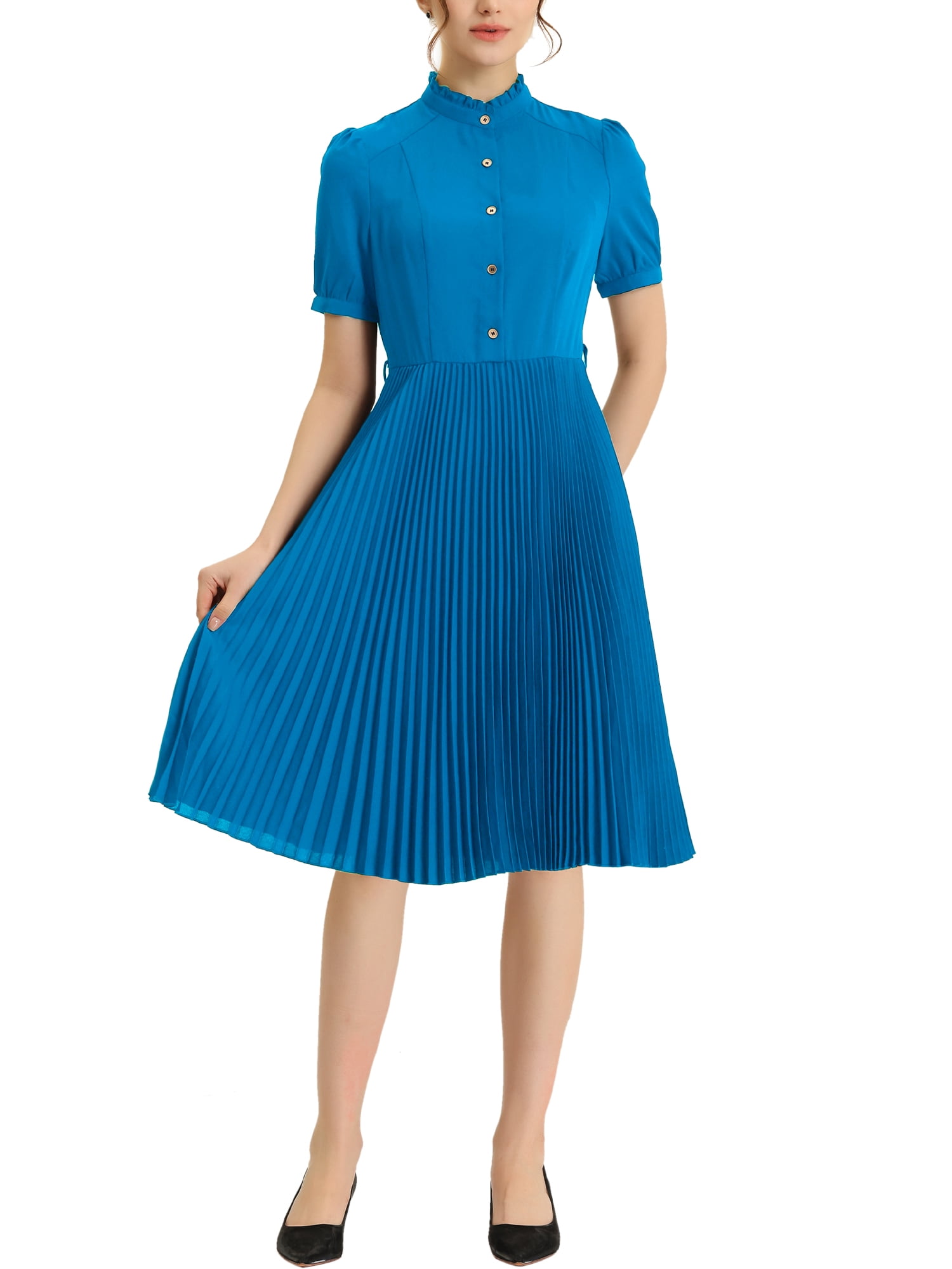 INSPIRE CHIC Women's Half Placket Shirt Dress Short Sleeve Ruffle Stand ...