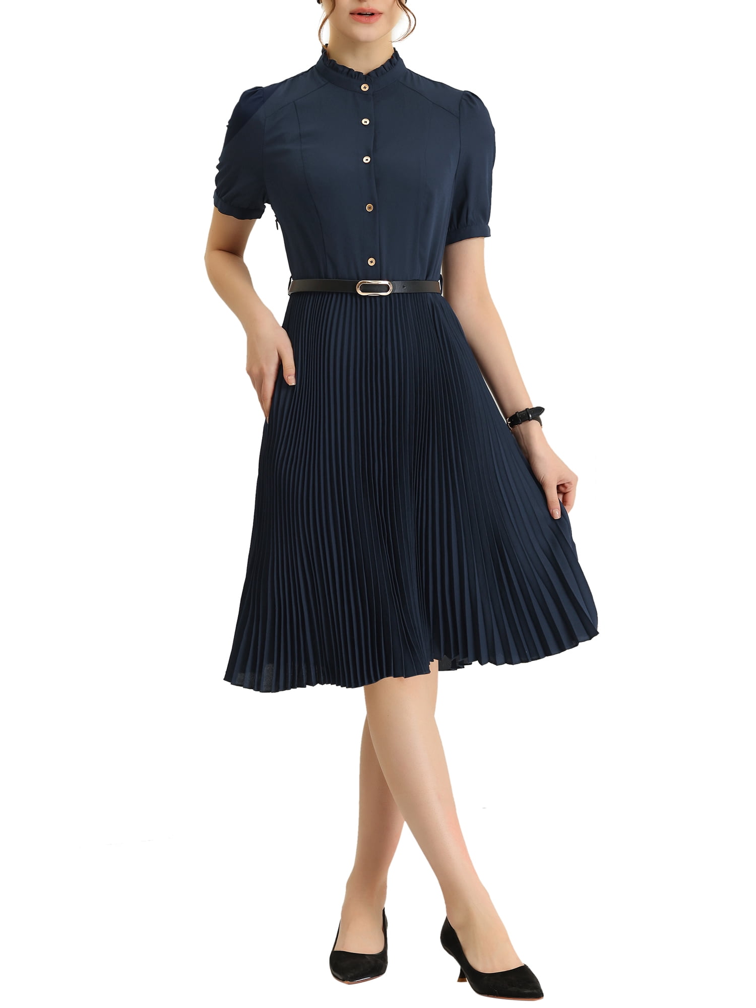 INSPIRE CHIC Women's Half Placket Shirt Dress Short Sleeve Ruffle Stand ...