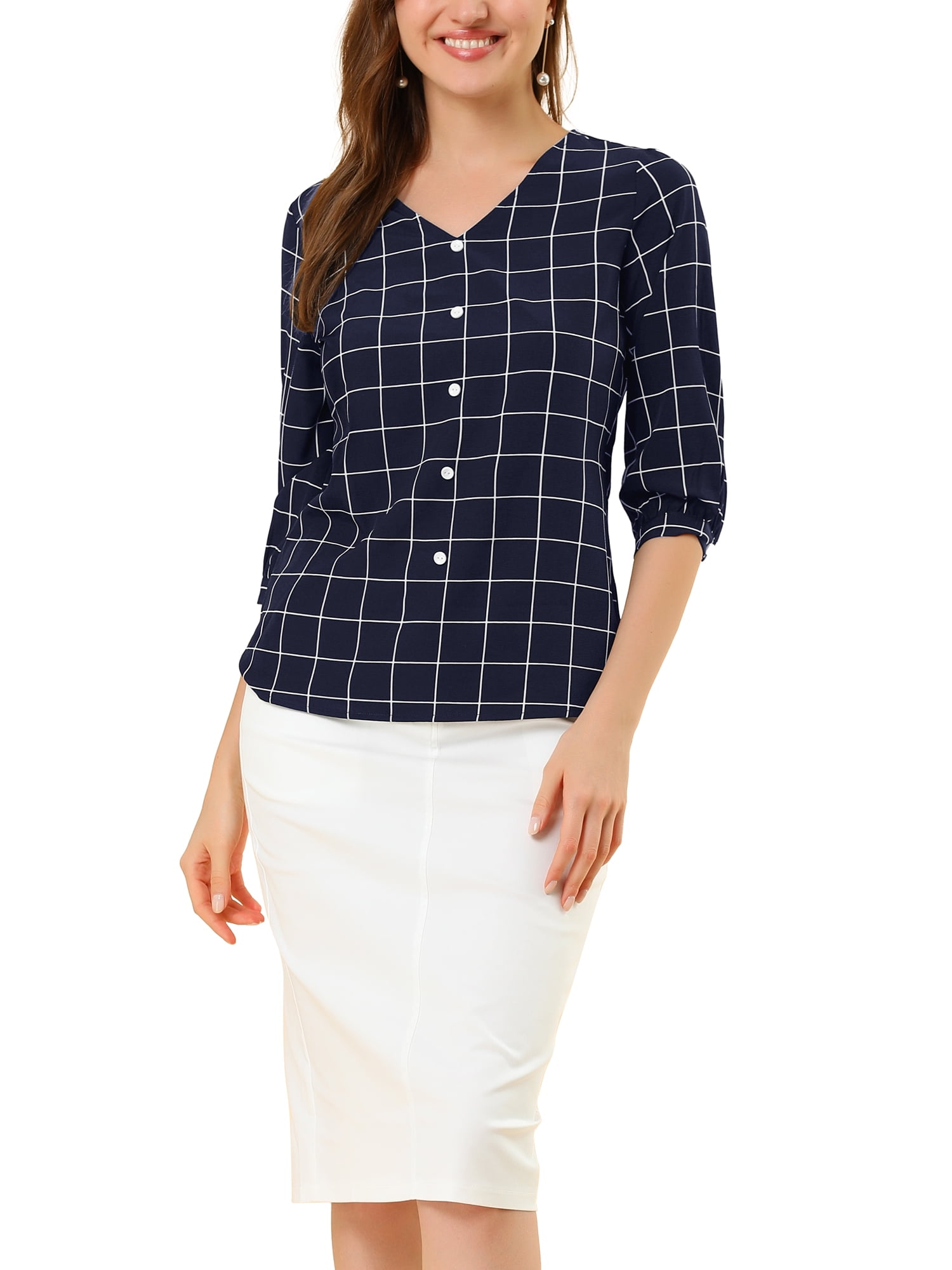 Allegra K Women's Half Sleeve Plaid Button Cuff Puff Sleeve V Neck ...